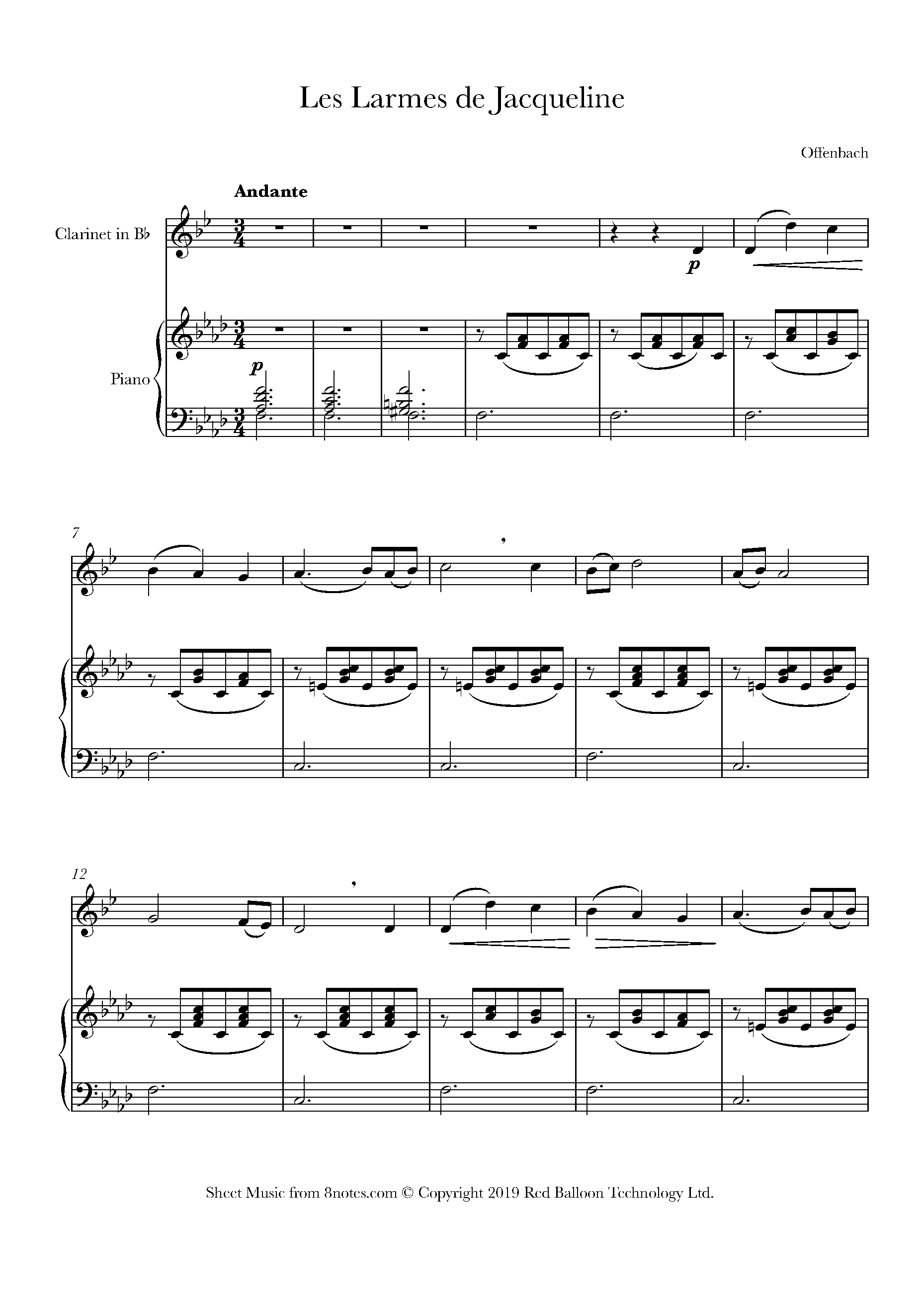 Offenbach - Les Larmes de Jacqueline Sheet music for Clarinet - 8notes.com