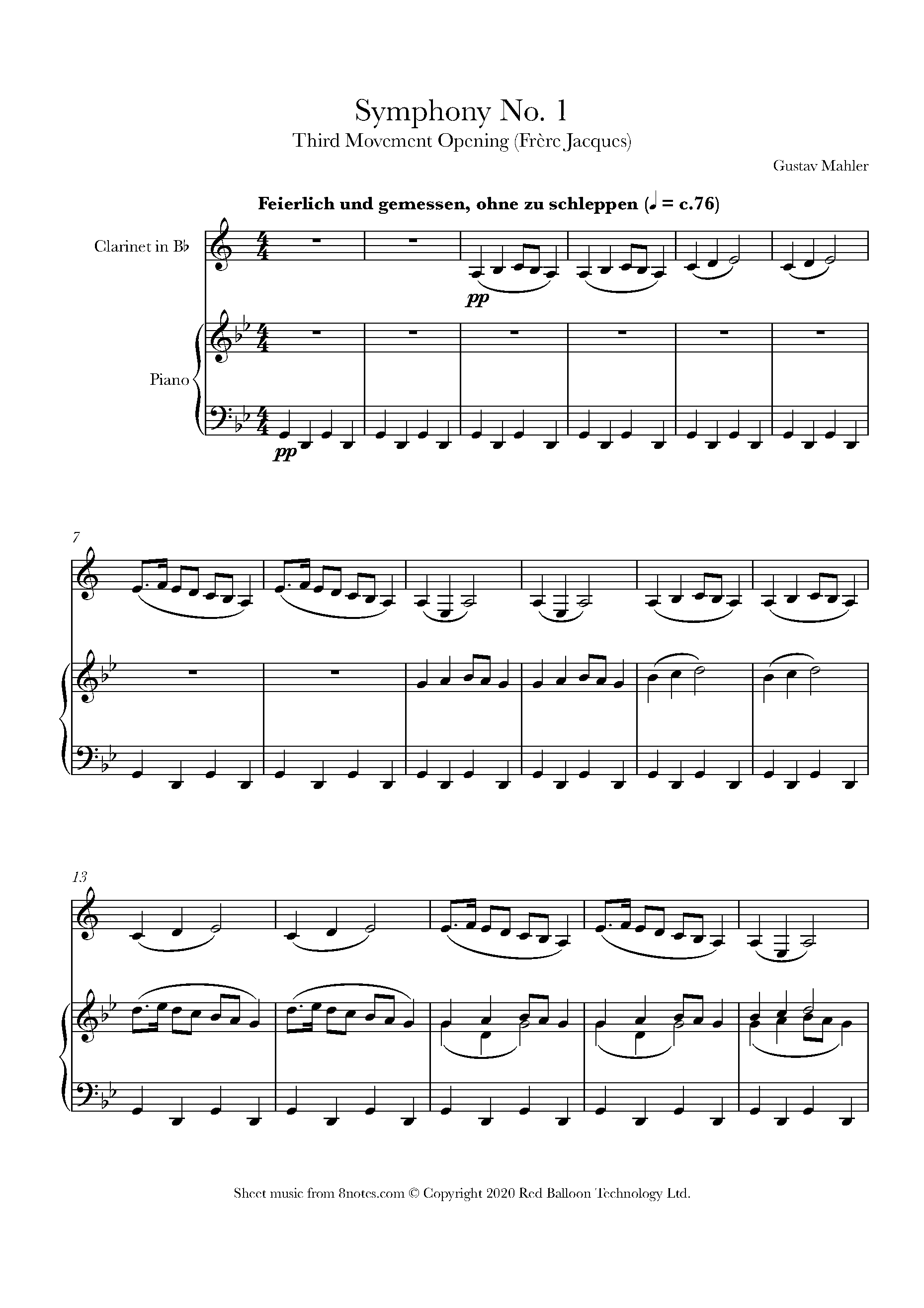Mahler - Third Movement Opening (Frere Jacques) from Symphony No.1 Sheet music for Clarinet ...