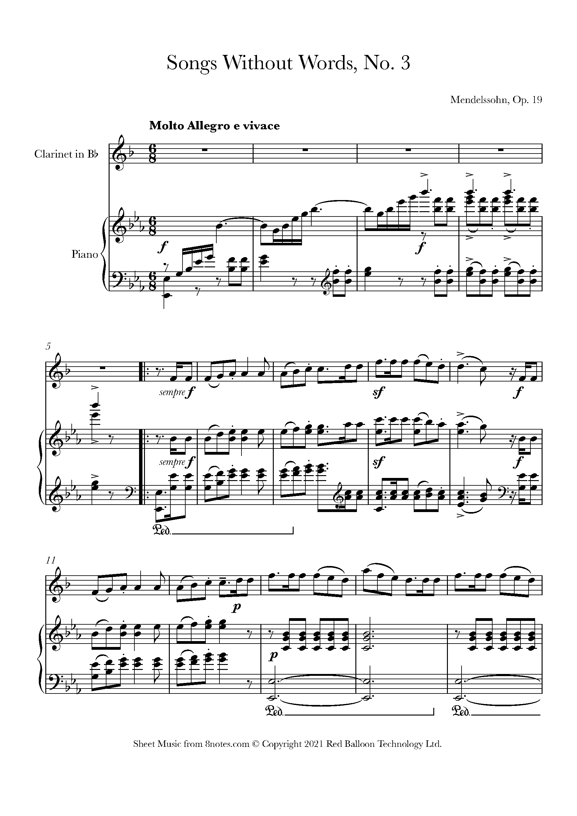 Mendelssohn - Songs Without Words, Op.19, No.3 Sheet music for Clarinet ...