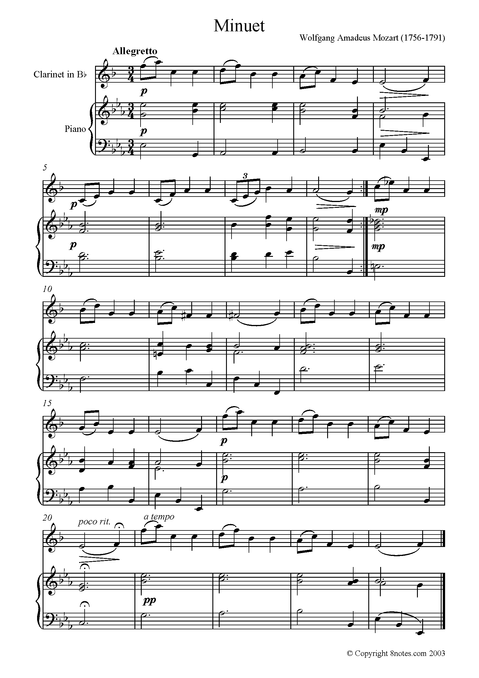 Mozart - Minuet Sheet music for Clarinet - 8notes.com