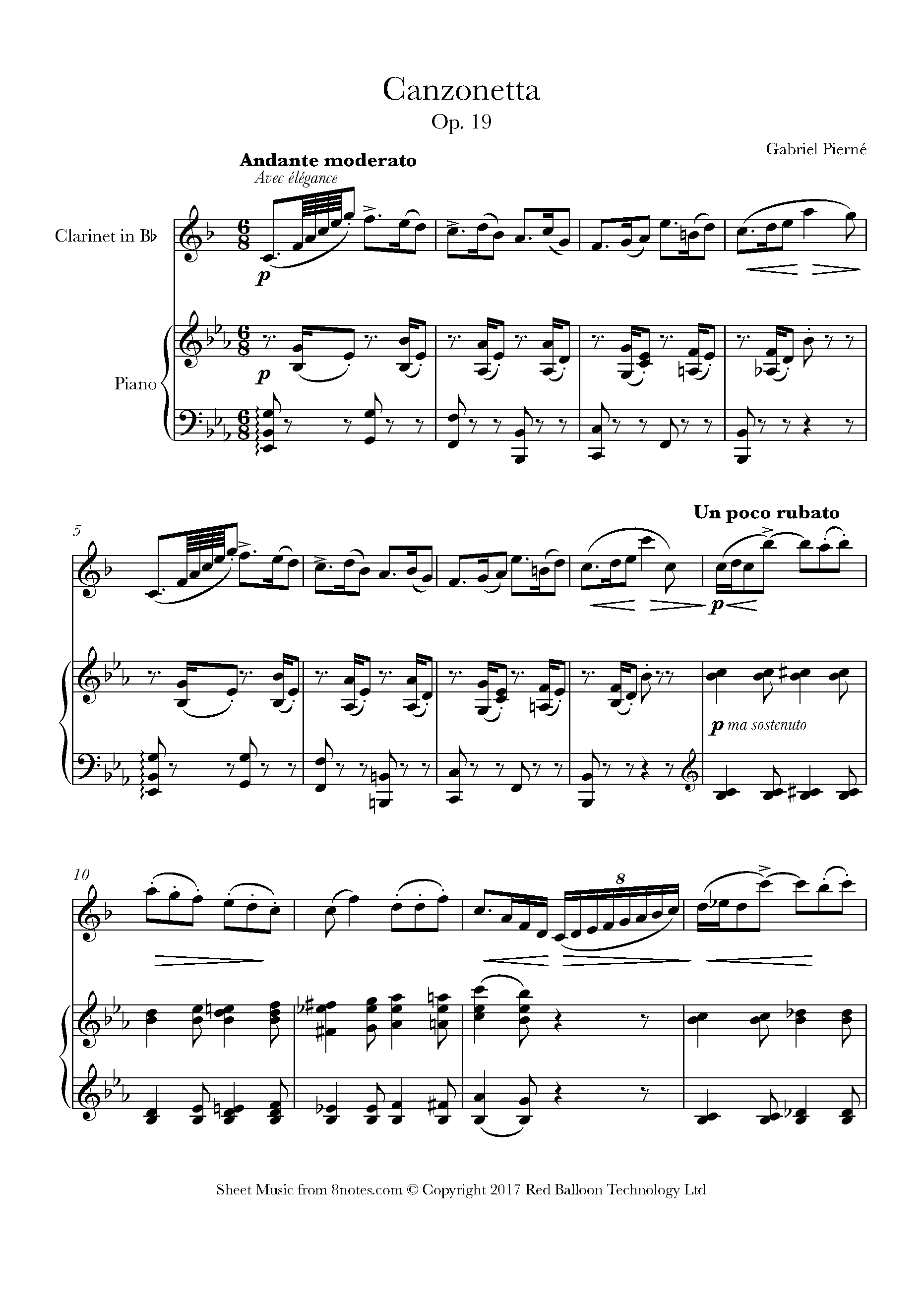 Pierné - Canzonetta Op.19 Sheet music for Clarinet - 8notes.com