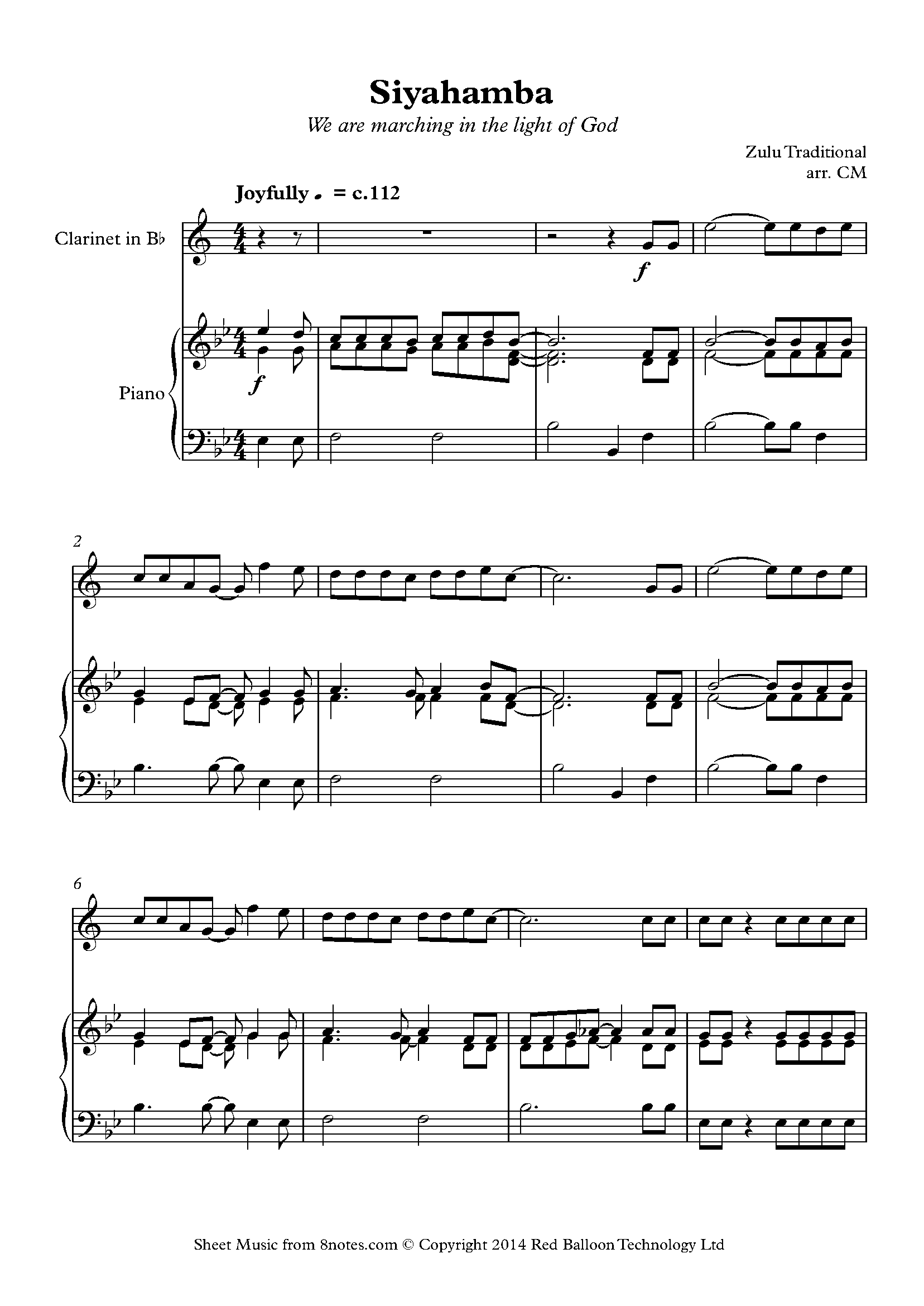 Siyahamba (Zulu Traditional) Sheet music for Clarinet - 8notes.com