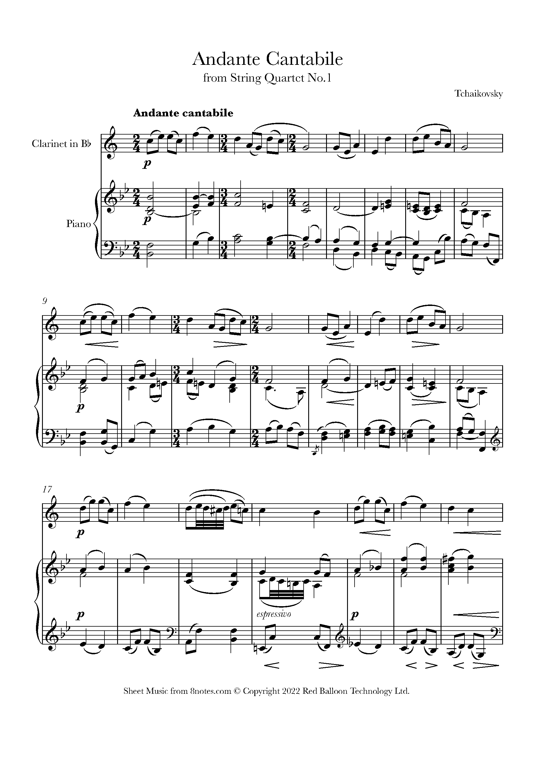 Tchaikovsky - Andante Cantabile from String Quartet No.1 Sheet music ...
