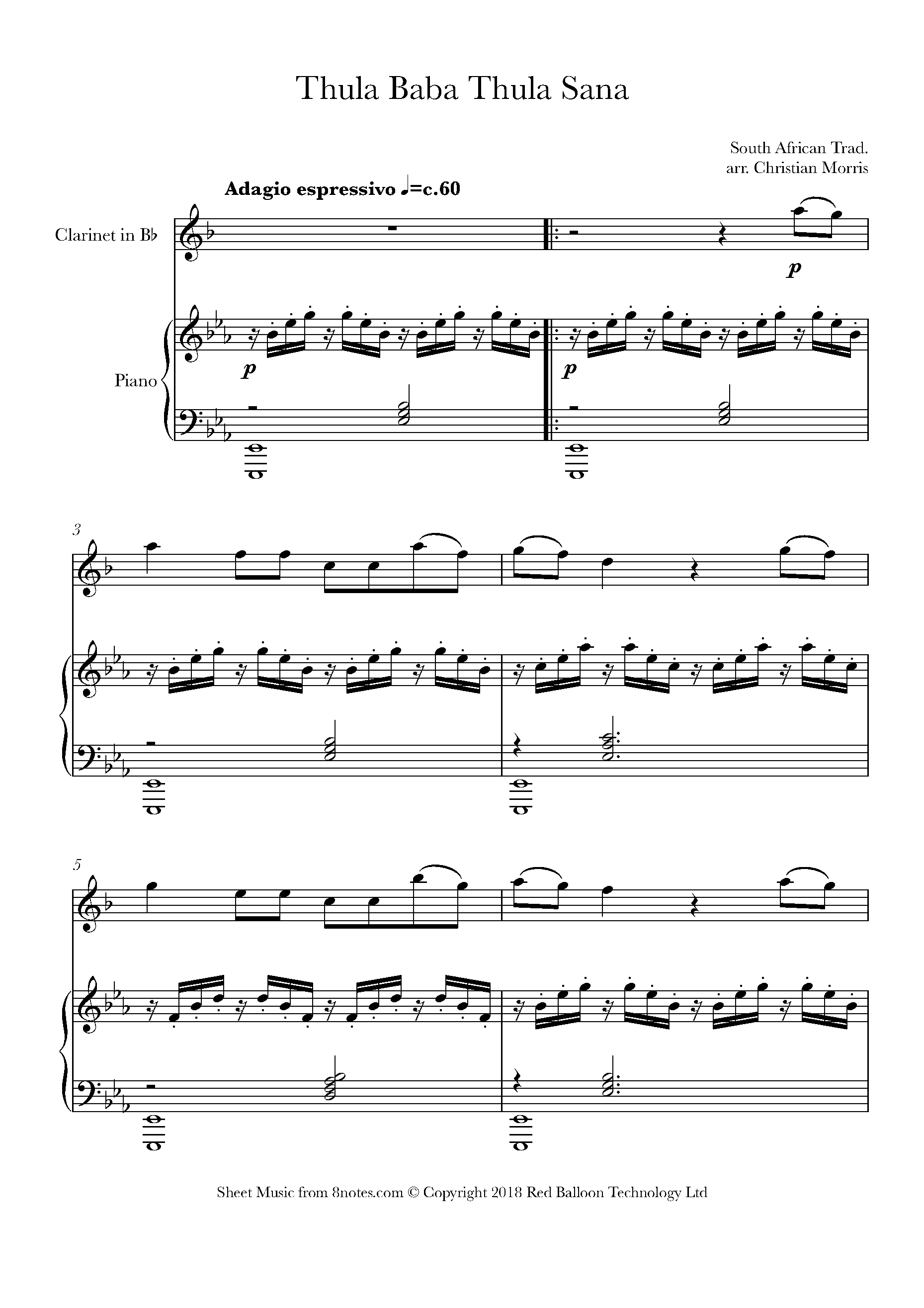 Thula Baba Thula Sana (South African trad.) Sheet music for Clarinet ...