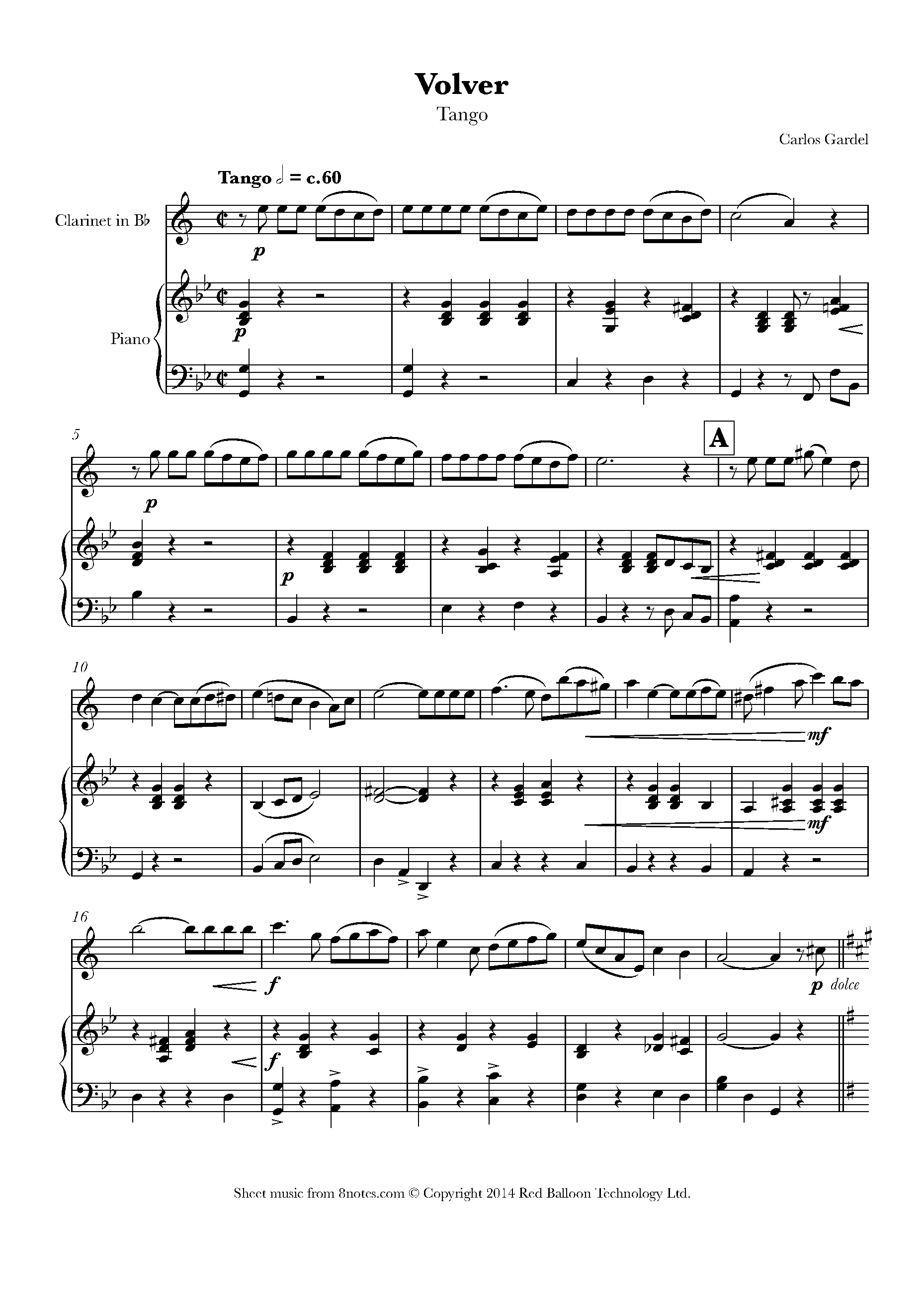 Carlos Gardel - Volver (Tango) Sheet music for Clarinet - 8notes.com