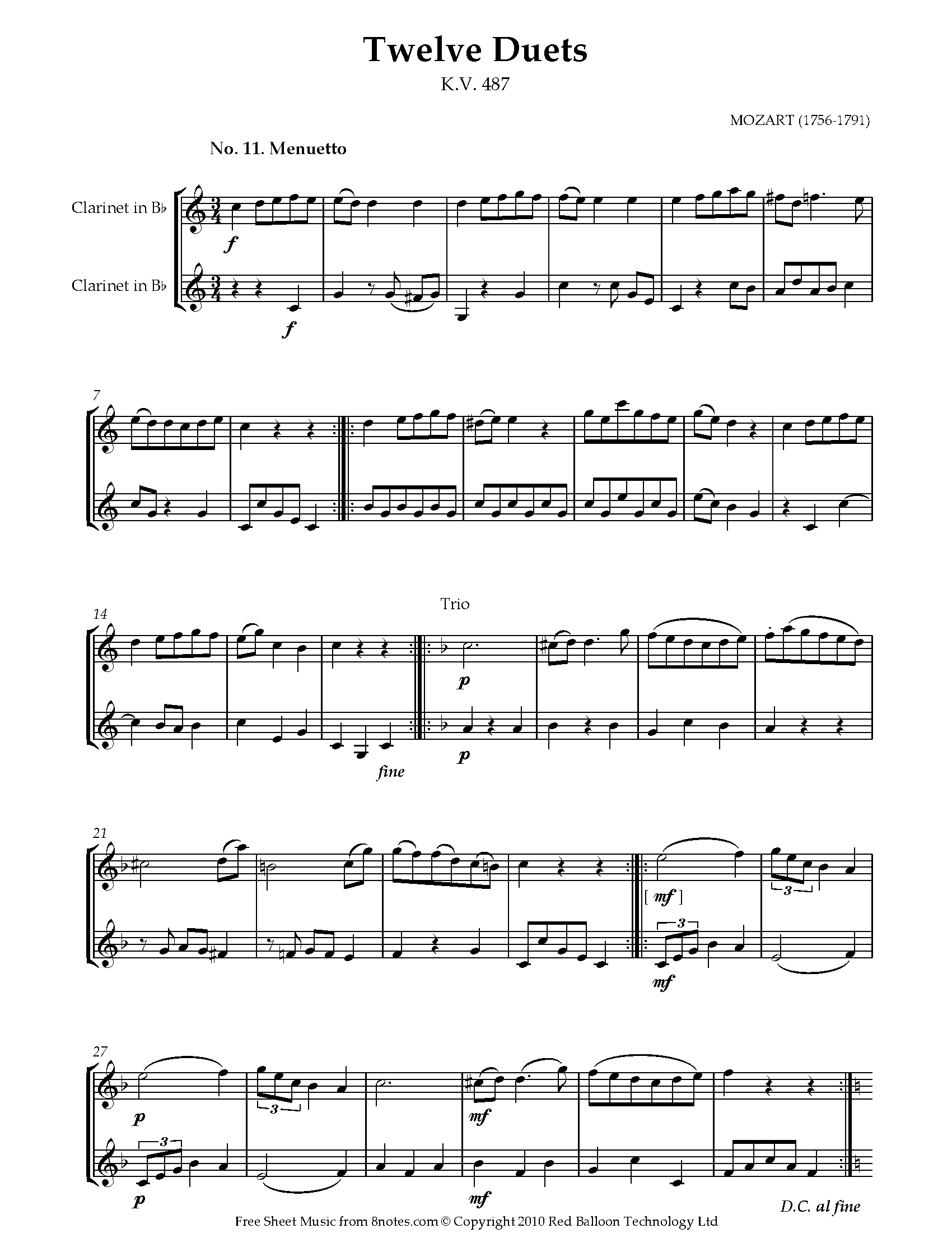 Mozart - Twelve Duets k.487 no.11 Sheet music for Clarinet Duet ...