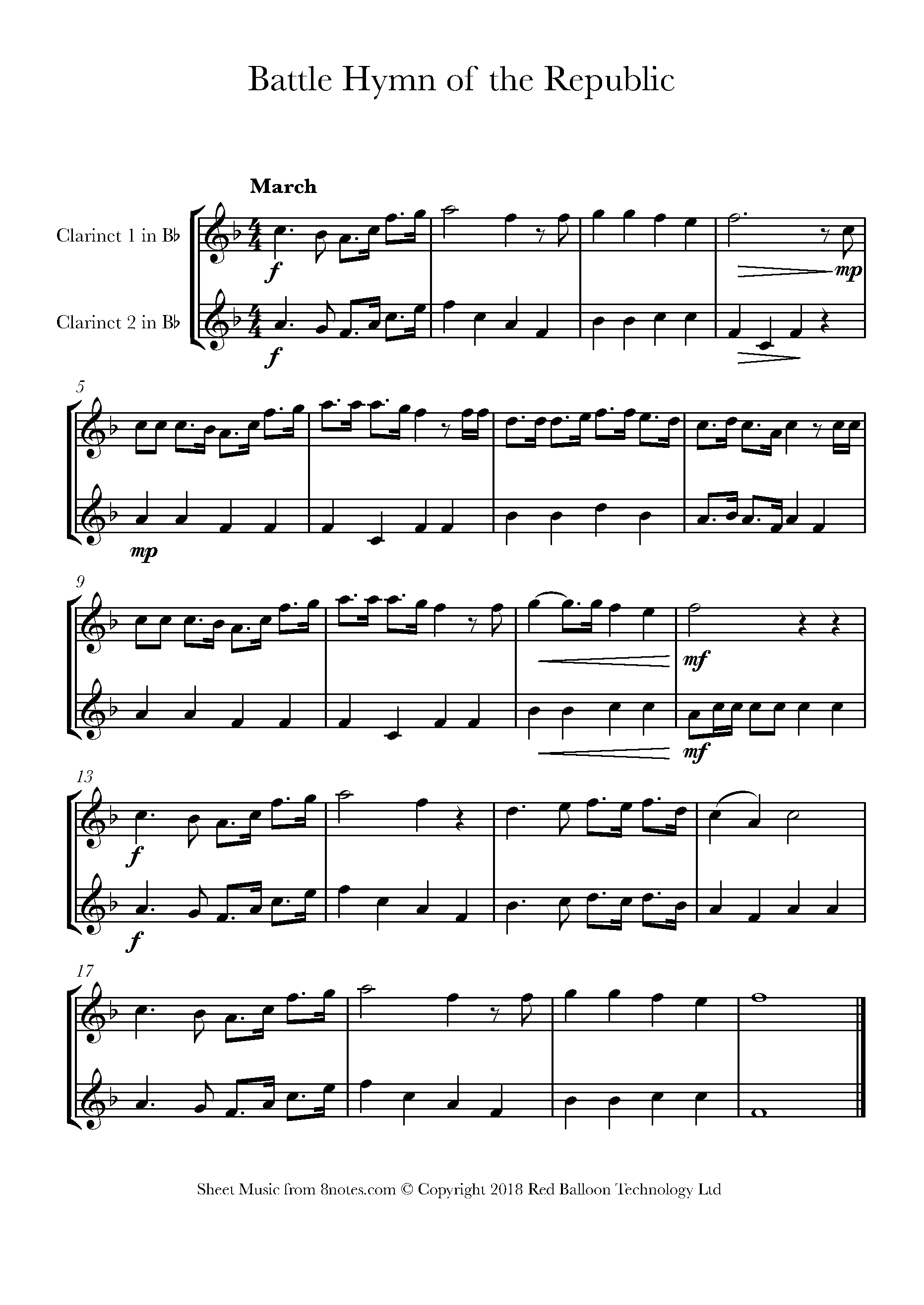 Howe - The Battle Hymn of the Republic Sheet music for Clarinet Duet ...