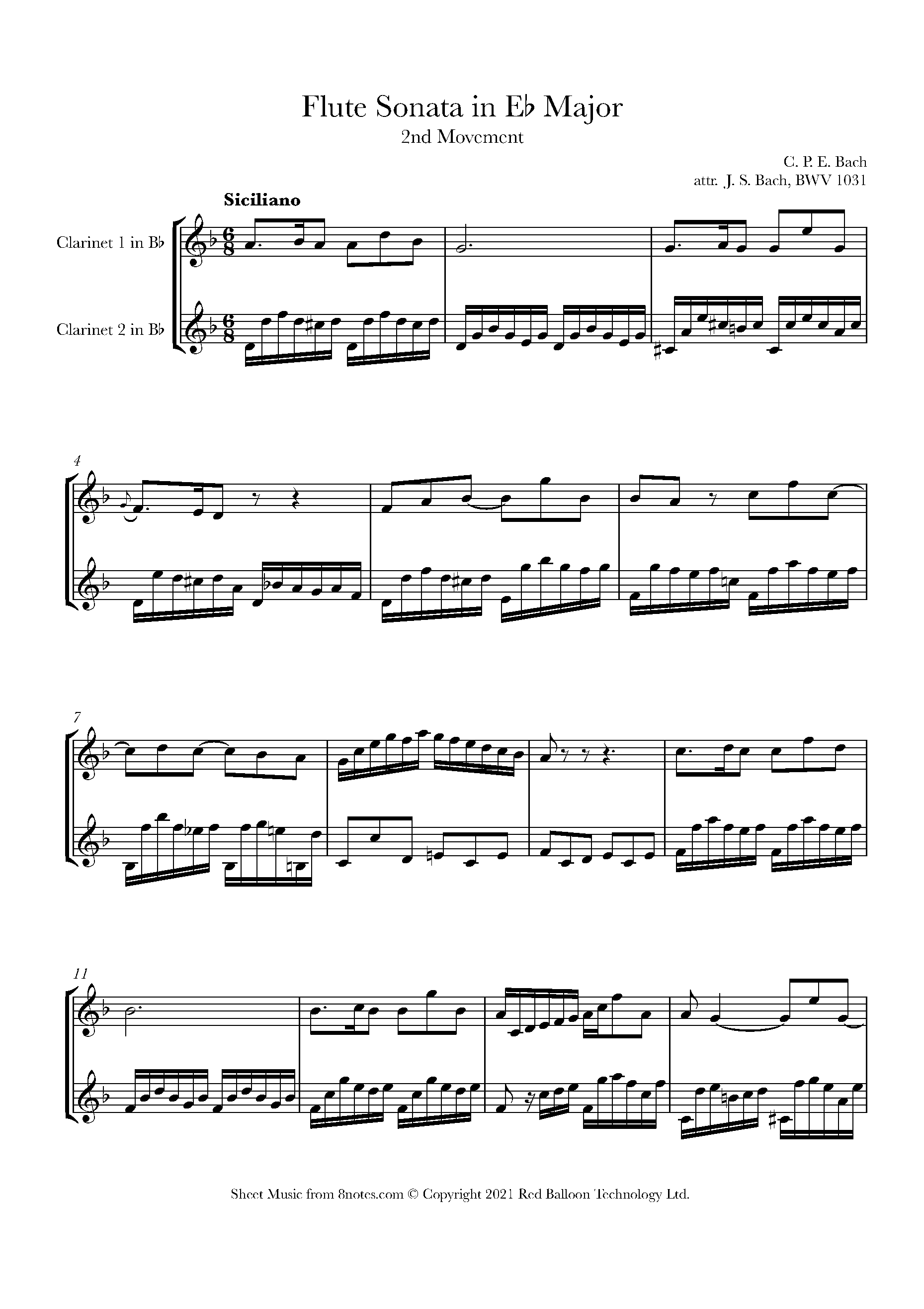 Bach - Flute Sonata in Eb Major, BWV 1031, Second Movement Sheet music ...