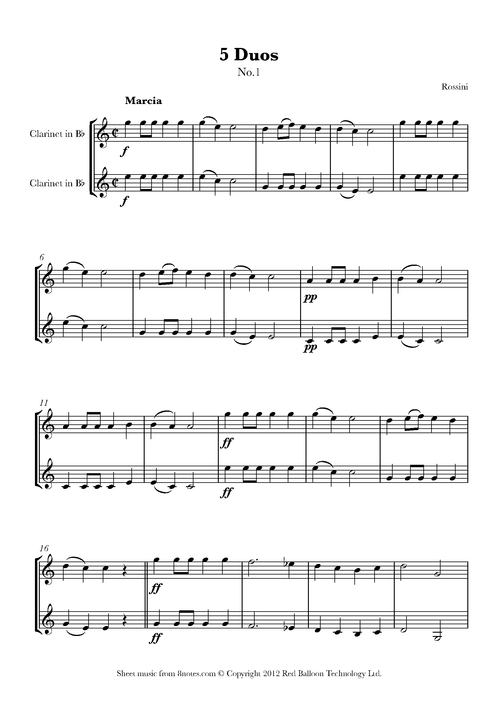 Rossini - 5 Duos No.1 Marcia Sheet music for Clarinet Duet - 8notes.com