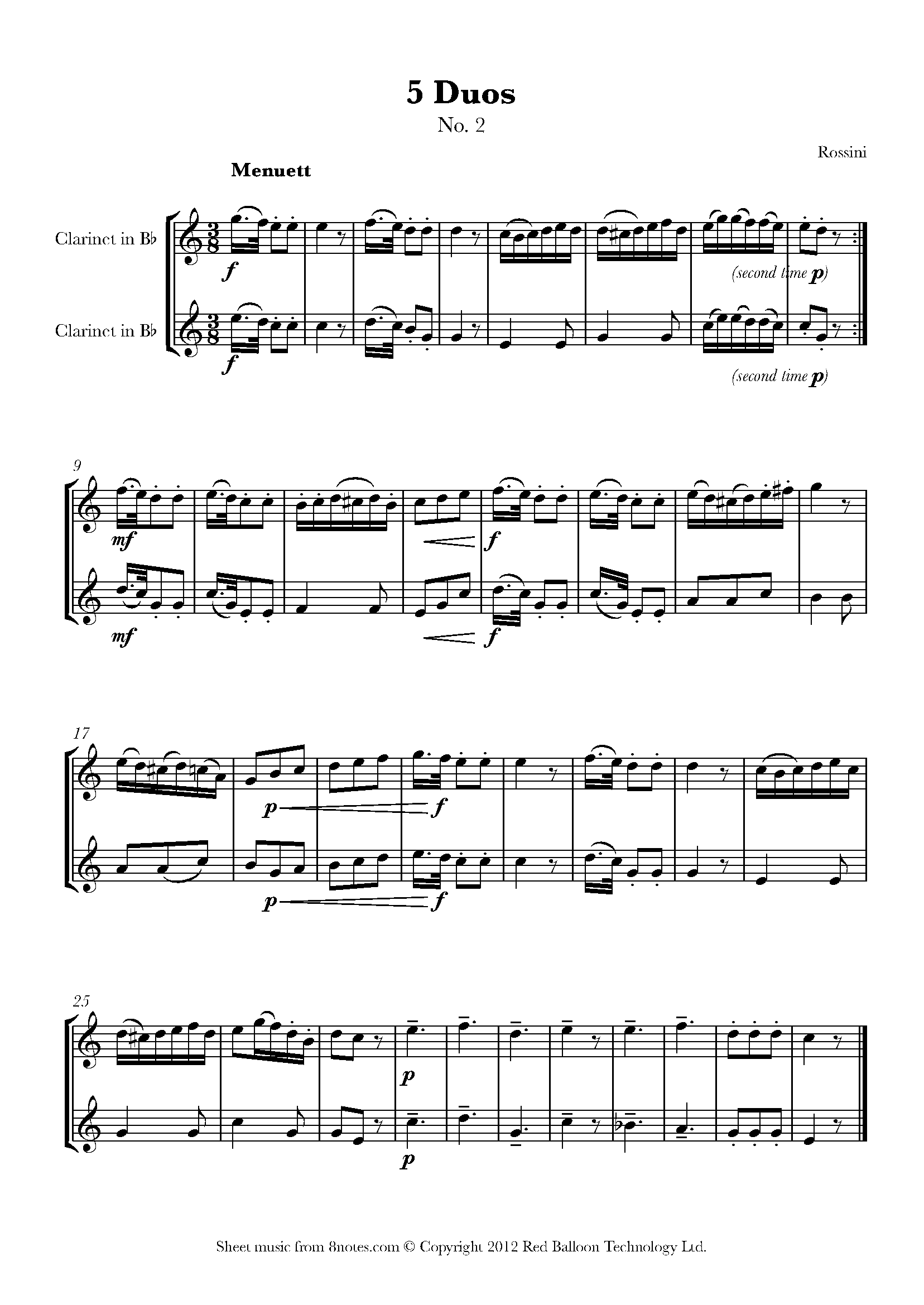 Rossini - 5 Duos No.2 Menuett Sheet music for Clarinet Duet - 8notes.com