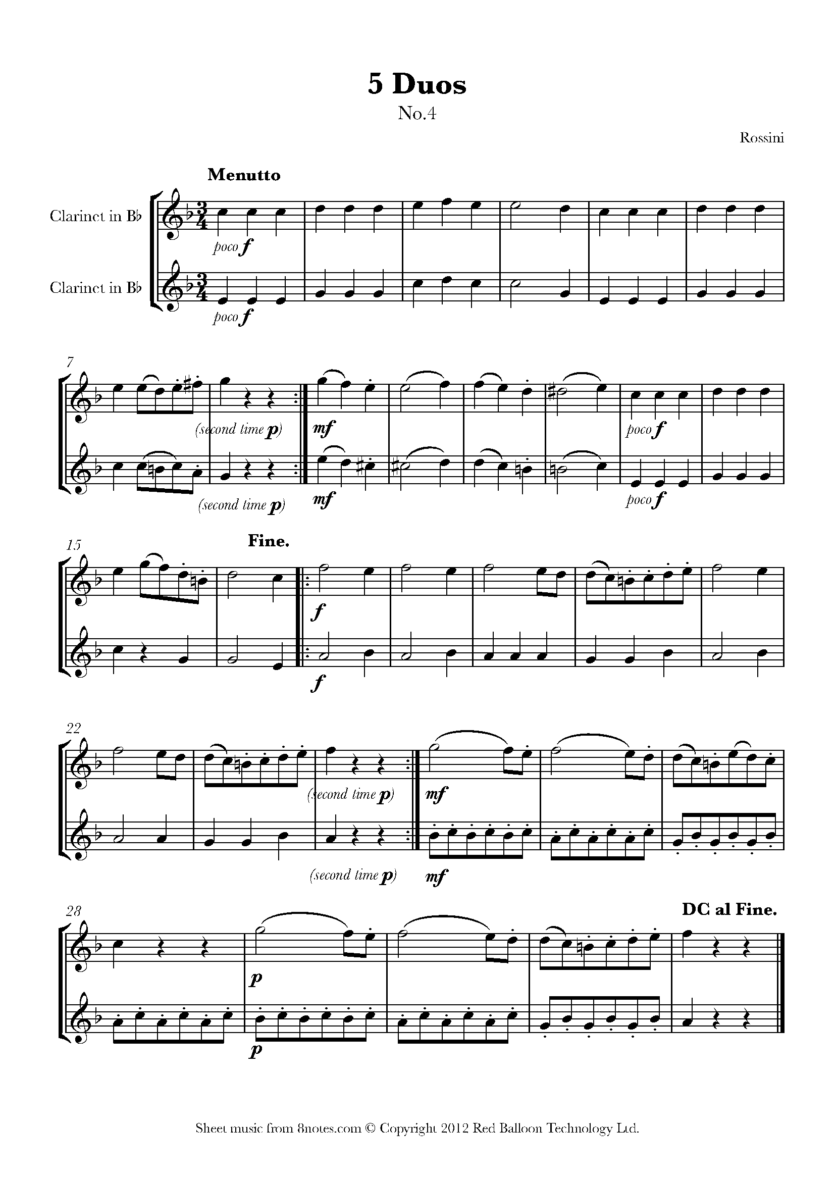 Rossini - 5 Duos No.4 Menuetto Sheet music for Clarinet Duet - 8notes.com