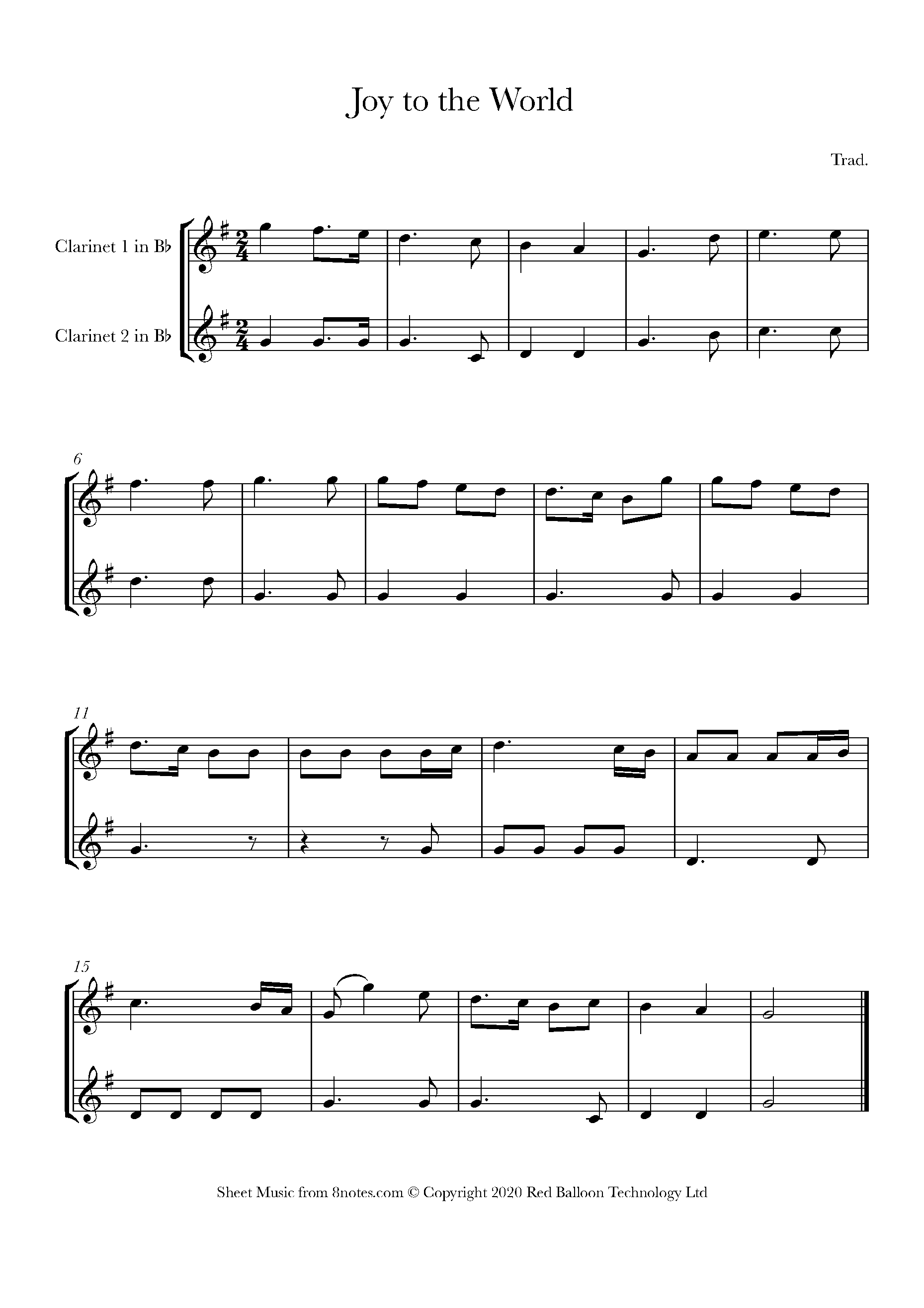 Joy to the World Sheet music for Clarinet Duet - 8notes.com