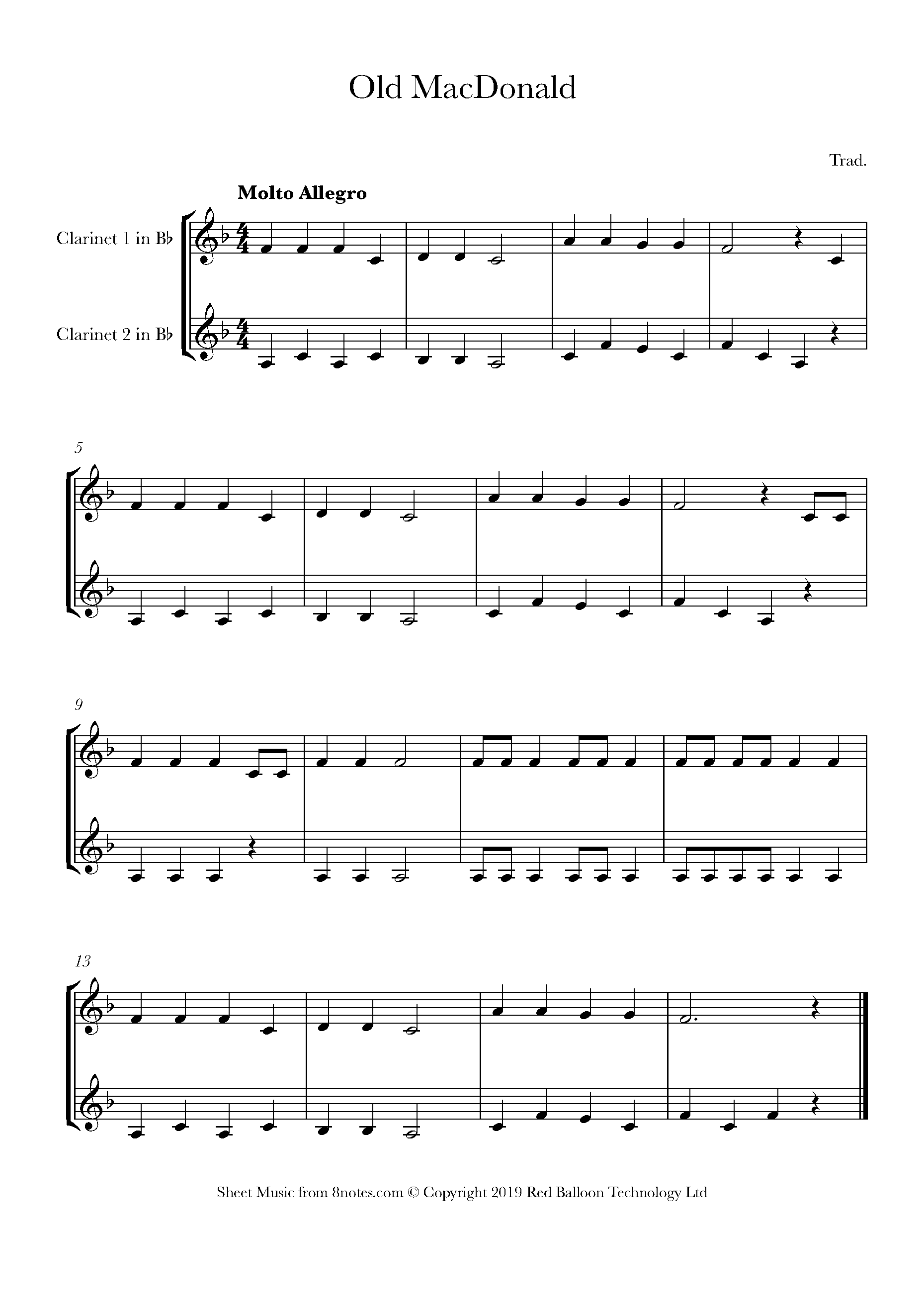Old MacDonald Sheet music for Clarinet Duet - 8notes.com