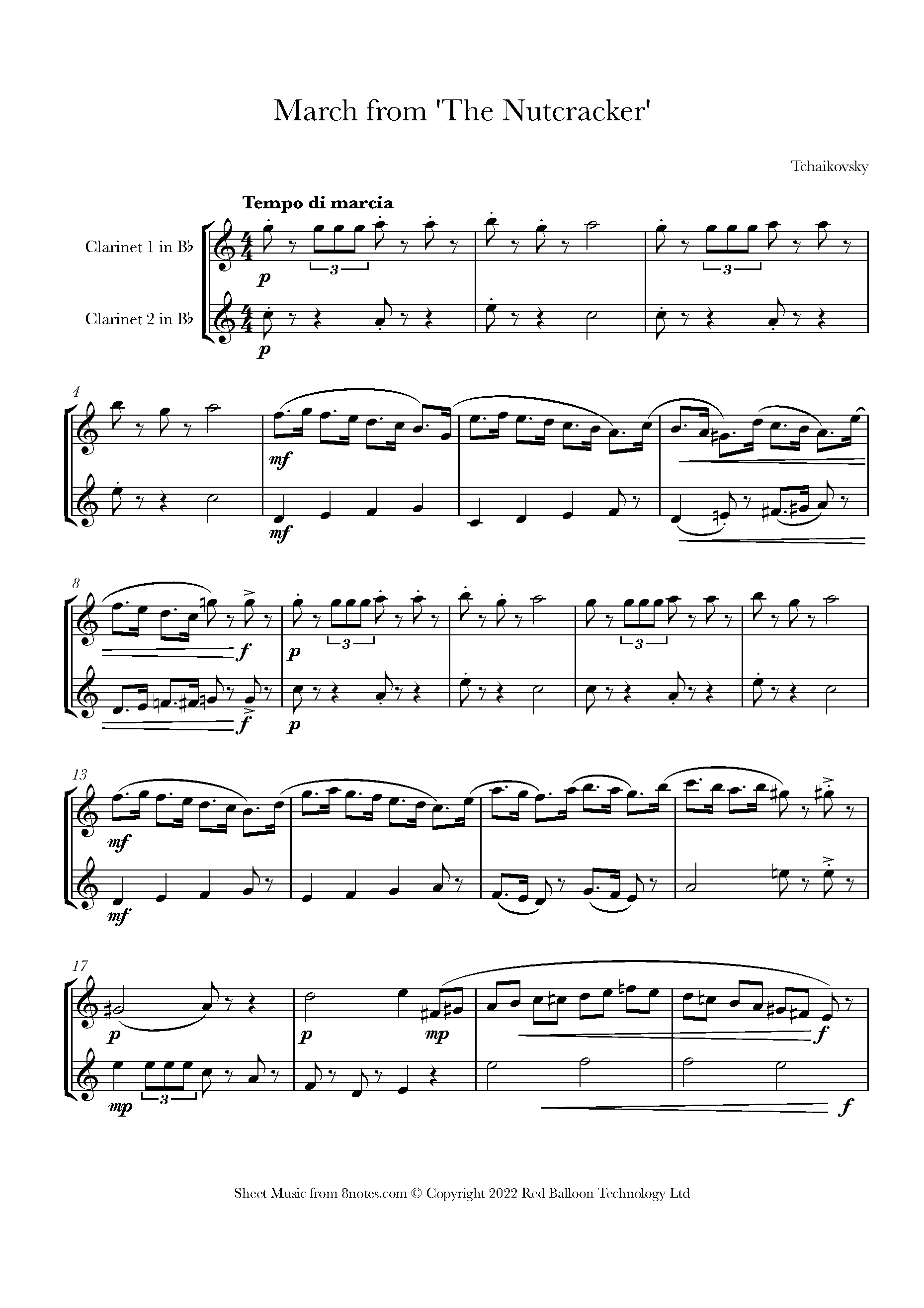 Tchaikovsky - March from The Nutcracker Sheet music for Clarinet Duet ...