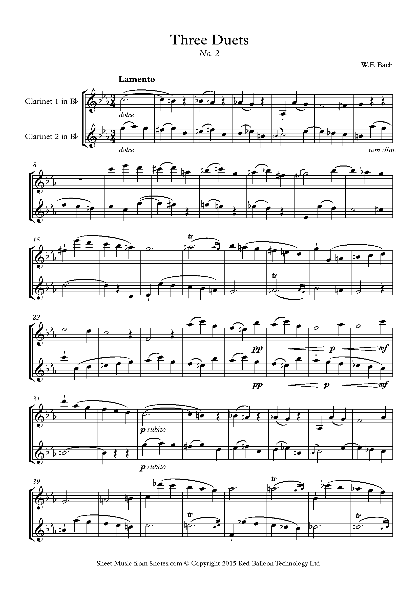 Bach - Three Duets No. 2 Sheet music for Clarinet Duet - 8notes.com