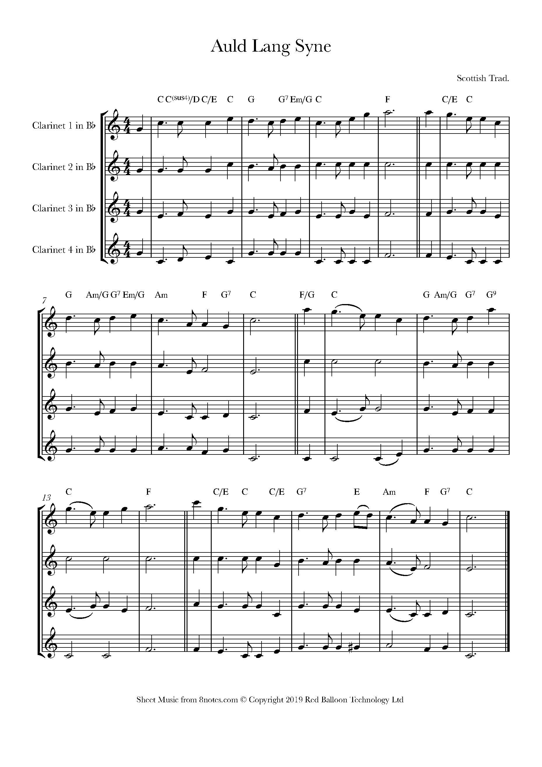 Auld Lang Syne Sheet music for Clarinet Quartet - 8notes.com