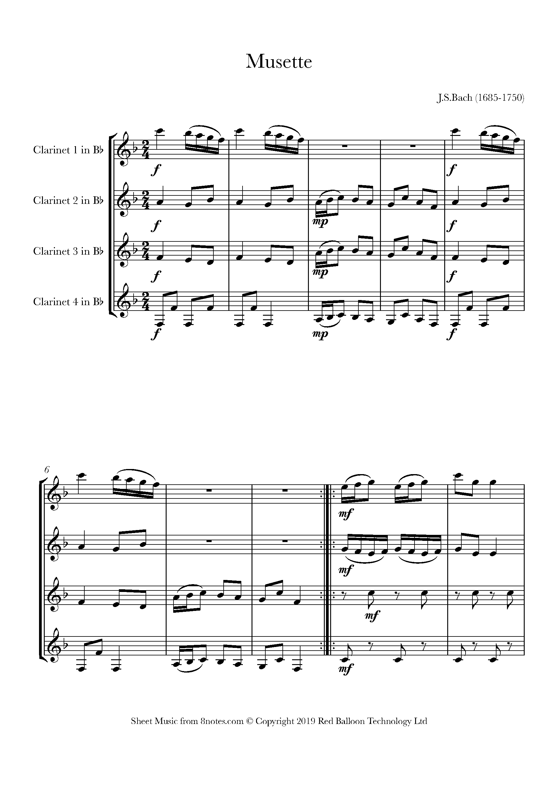 Bach - Musette Sheet music for Clarinet Quartet - 8notes.com