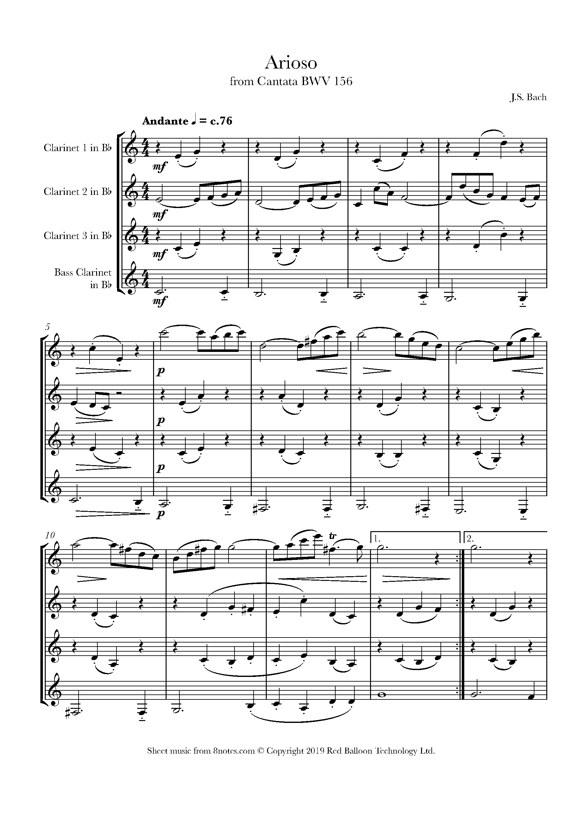 Bach - Arioso from Cantata BWV 156 Sheet music for Clarinet Quartet ...