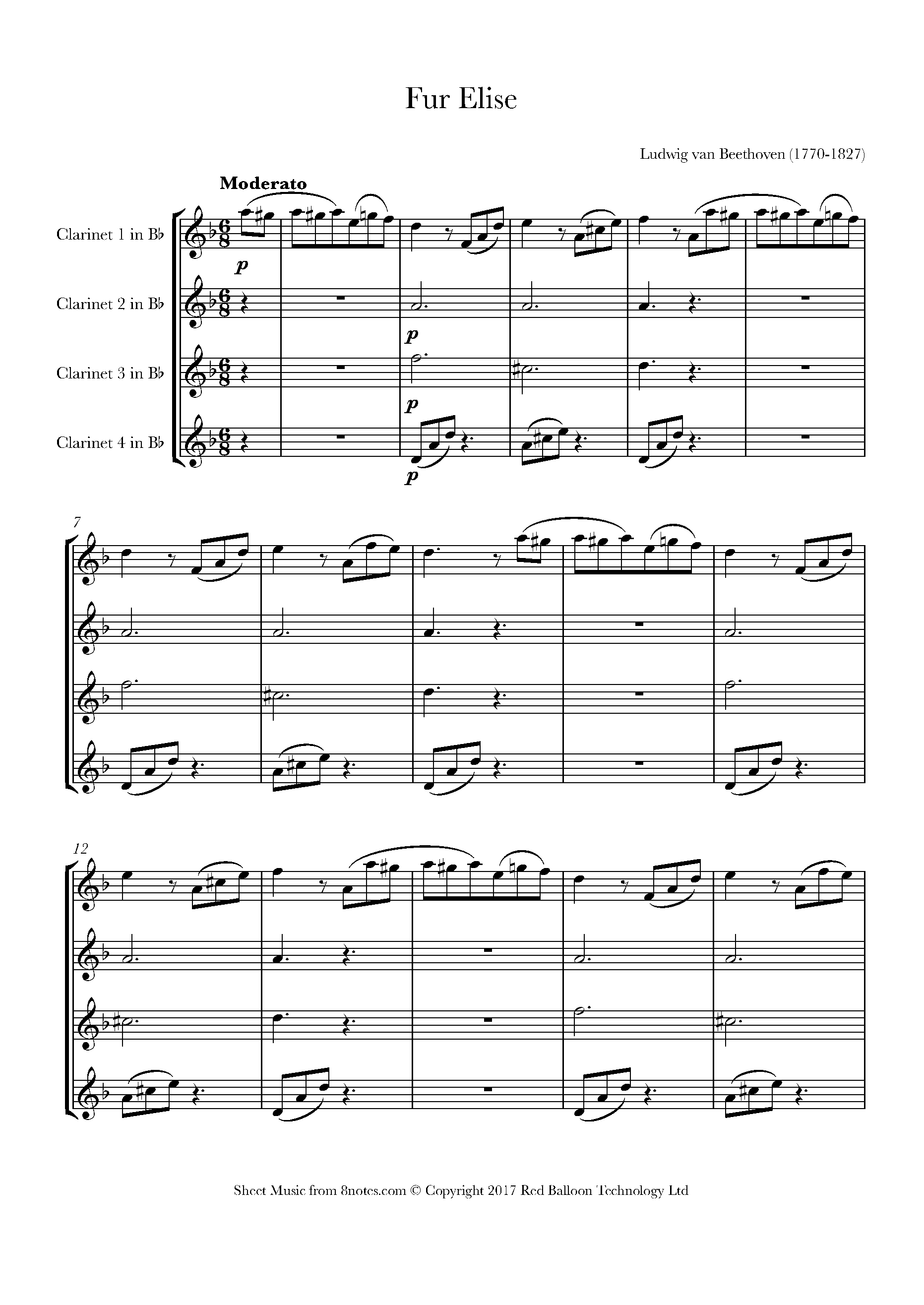 Beethoven - Fur Elise Sheet music for Clarinet Quartet - 8notes.com