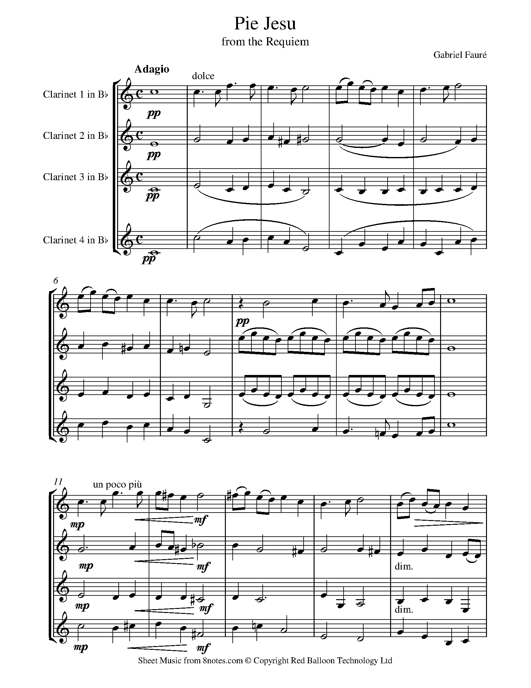 Fauré - Pije Jesu from the Requiem Sheet music for Clarinet Quartet ...