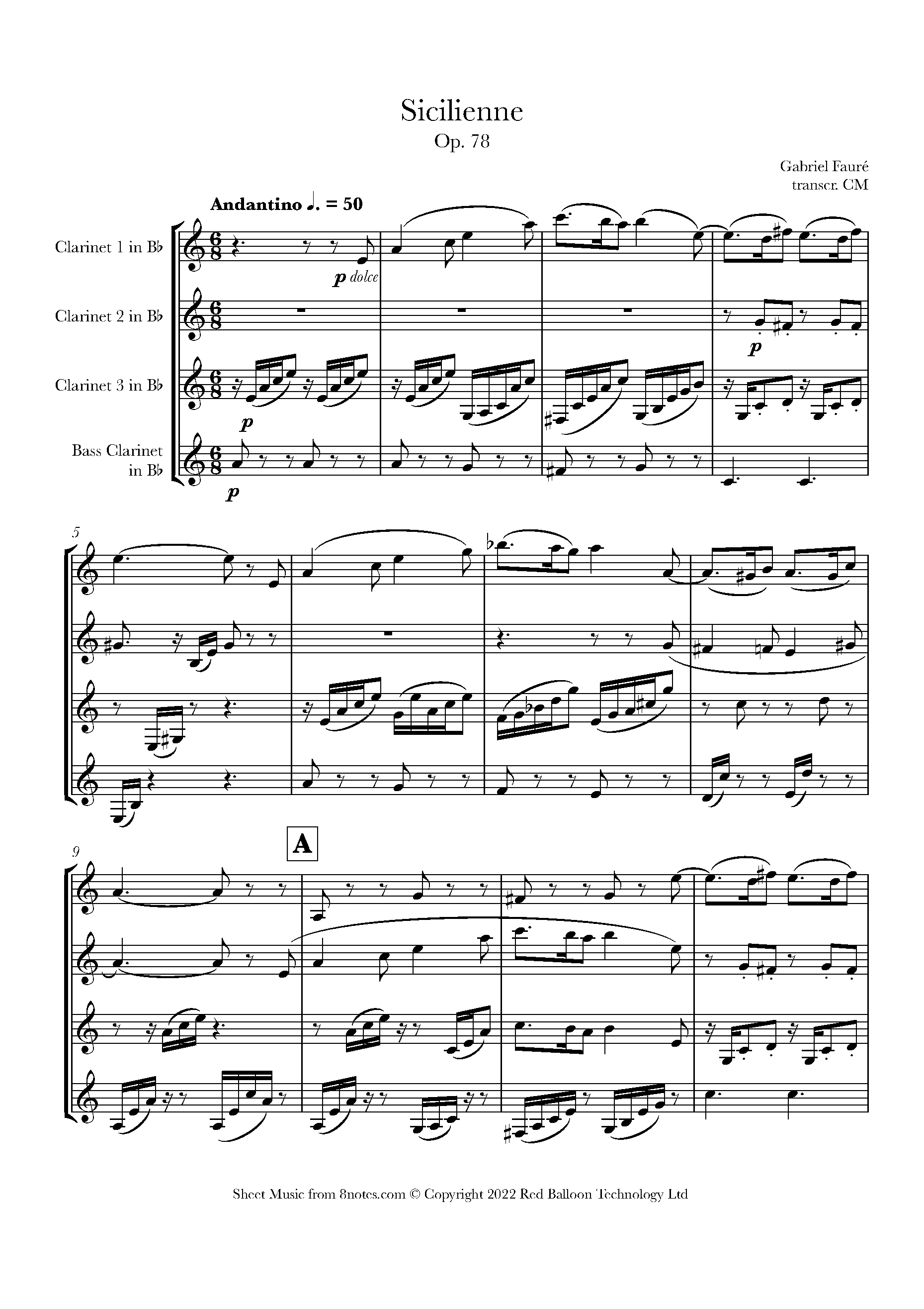 Faure - Sicilienne Op. 78 Sheet music for Clarinet Quartet - 8notes.com