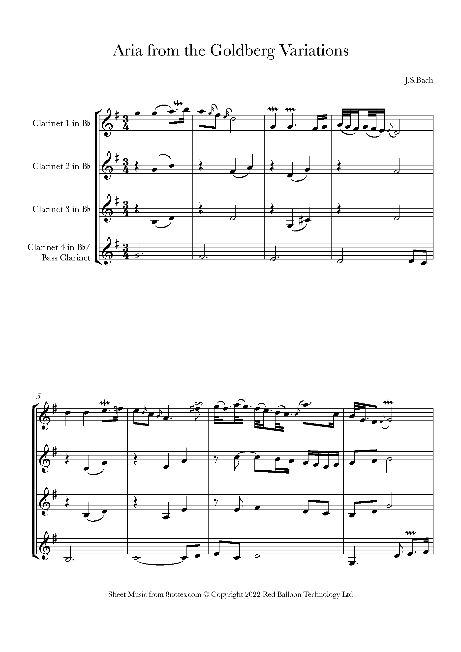 Bach - Aria from the Goldberg Variations Sheet music for Clarinet ...