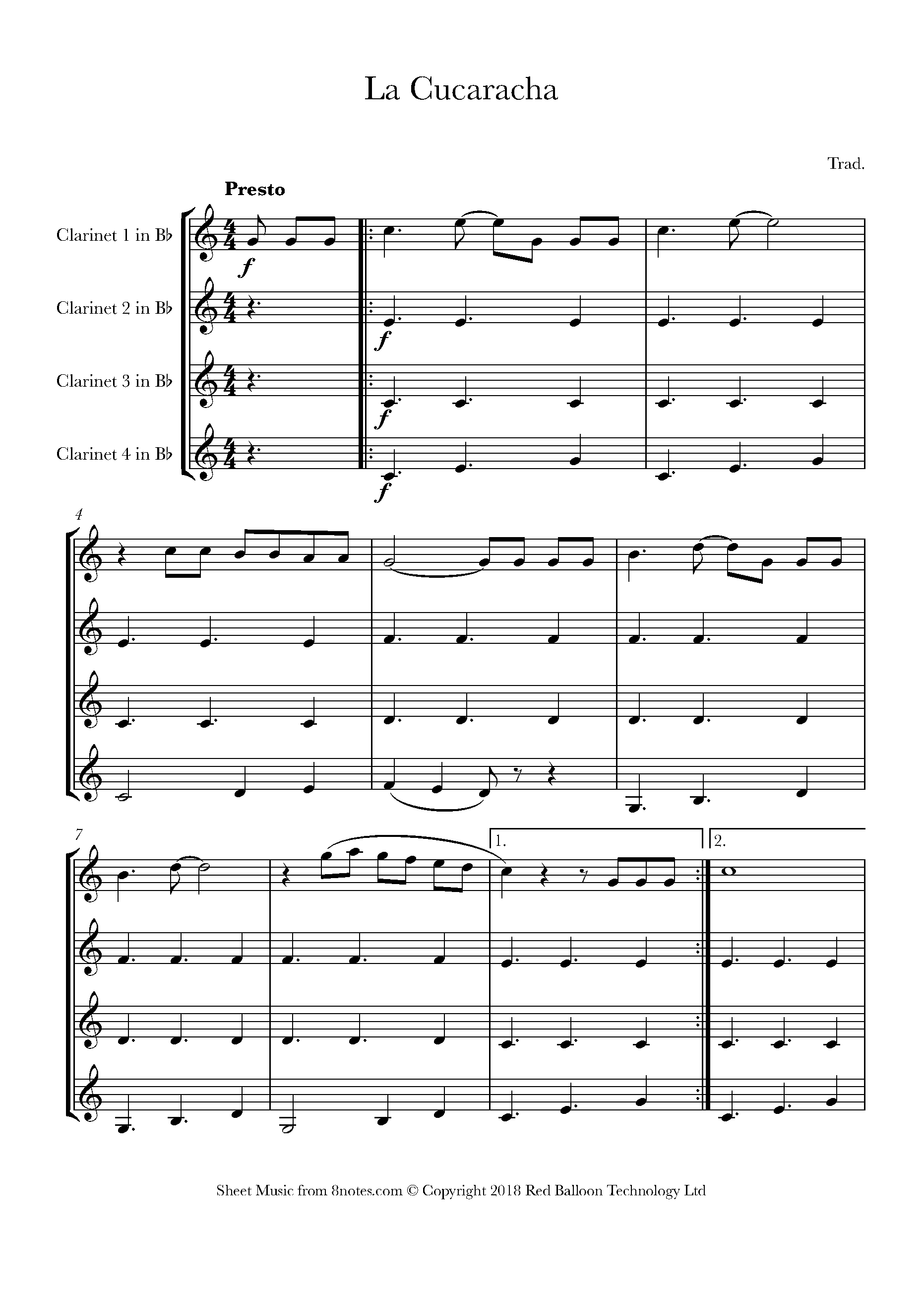 La Cucaracha (Mexico) Sheet music for Clarinet Quartet - 8notes.com