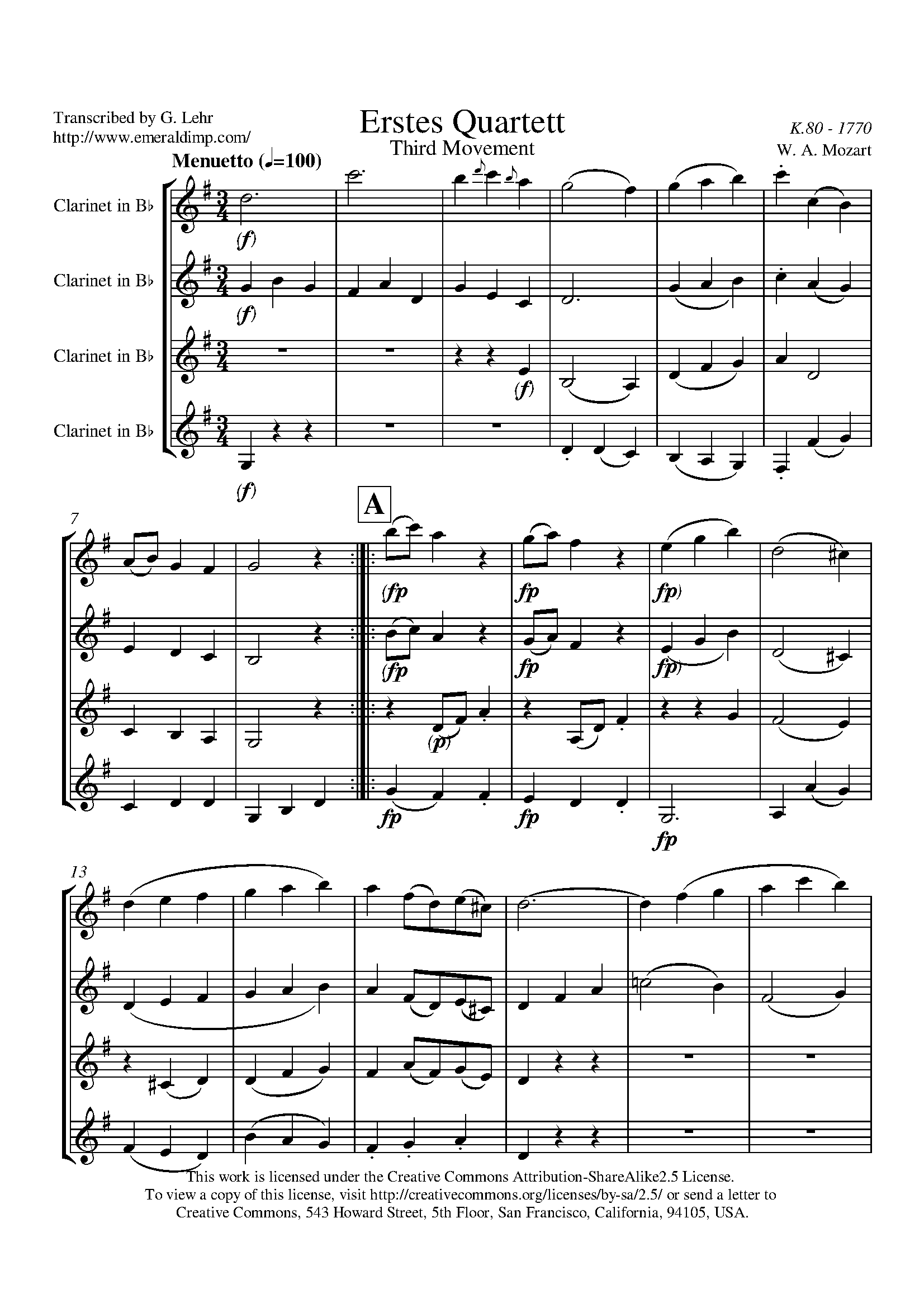 Mozart - Quartet no.1 K80 3rd Movement Sheet music for Clarinet Quartet ...