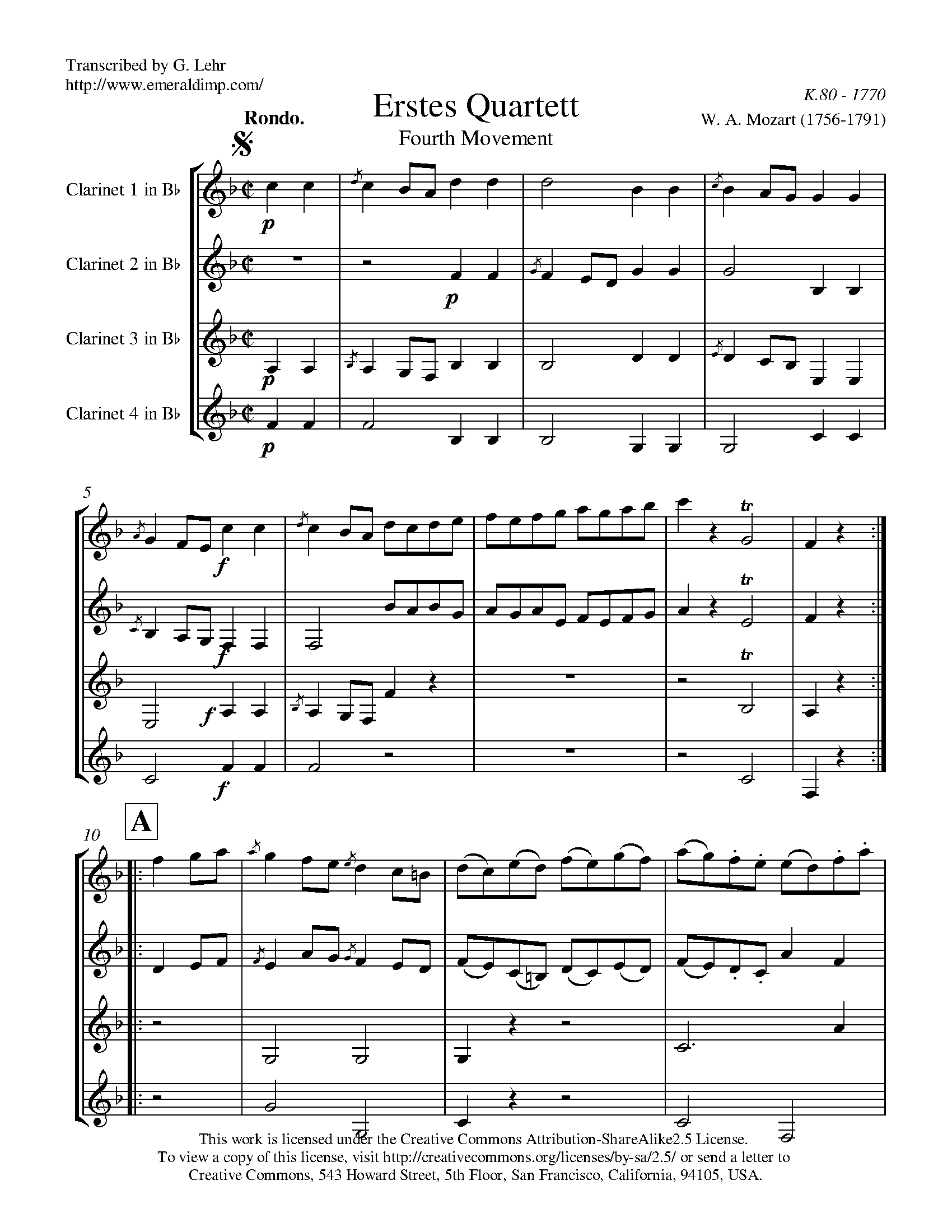 Mozart - Quartet no.1 K80 4th Movement Sheet music for Clarinet Quartet ...