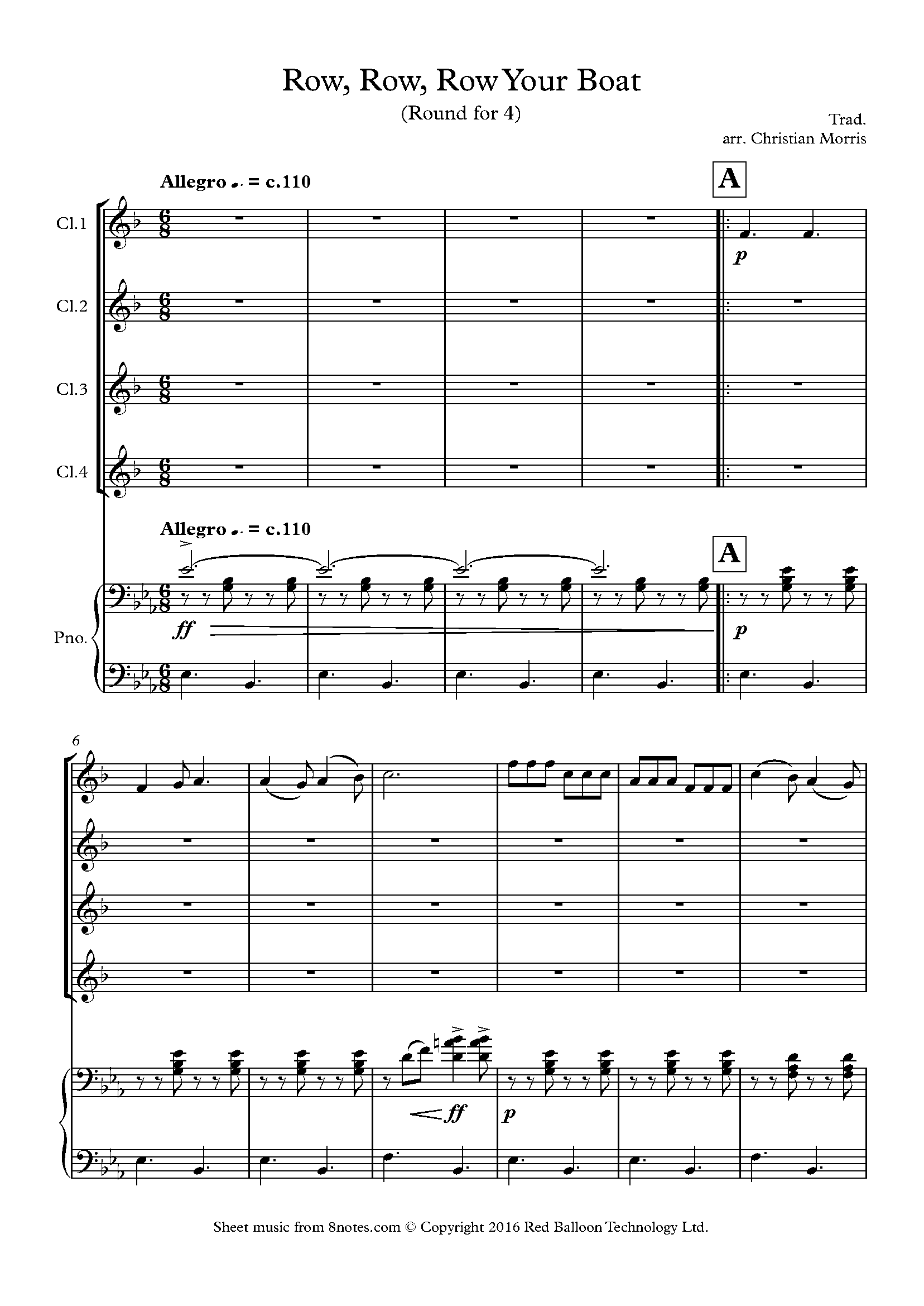Row, Row, Row your Boat Sheet music for Clarinet Quartet - 8notes.com