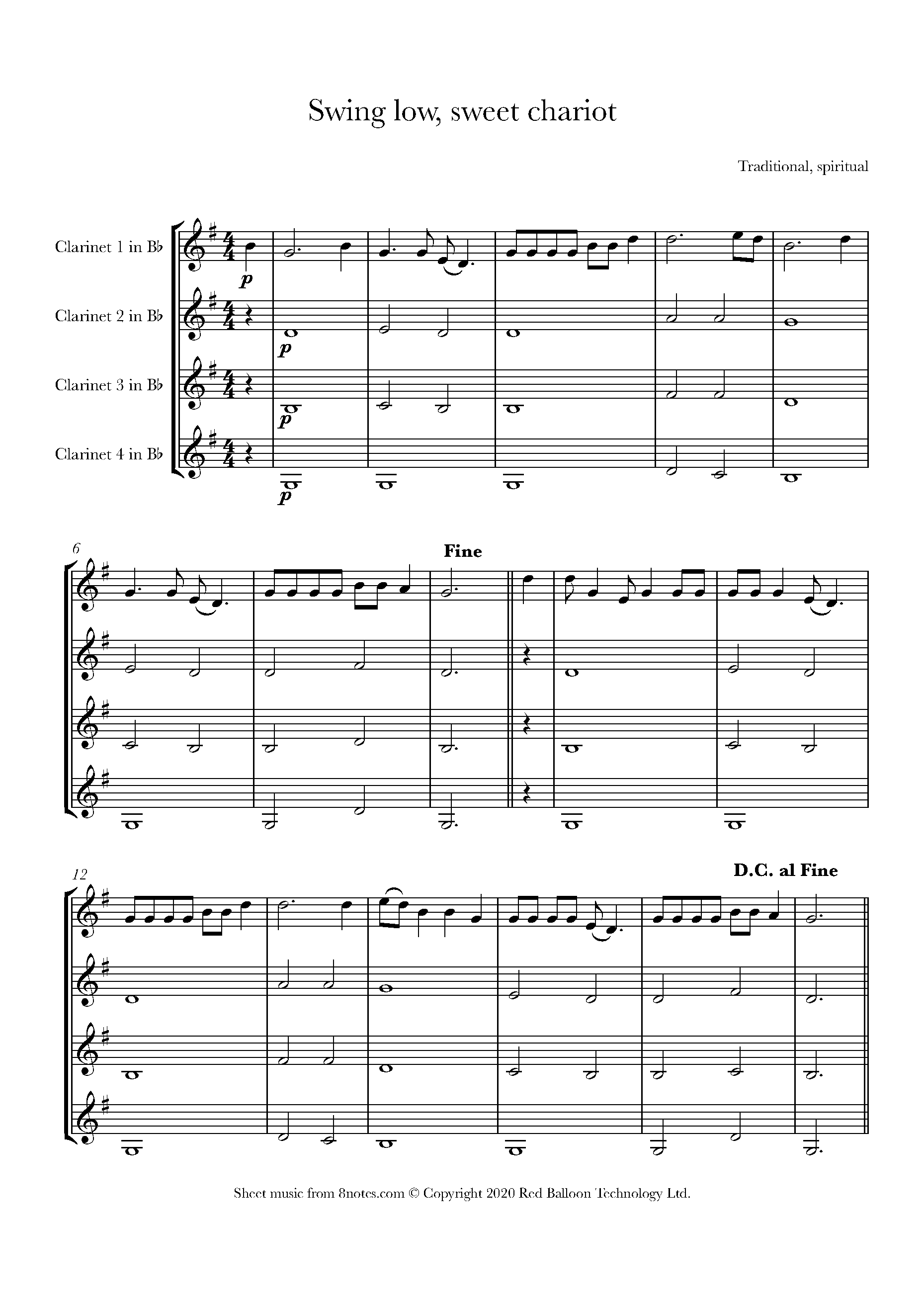 Swing low, sweet chariot Sheet music for Clarinet Quartet - 8notes.com