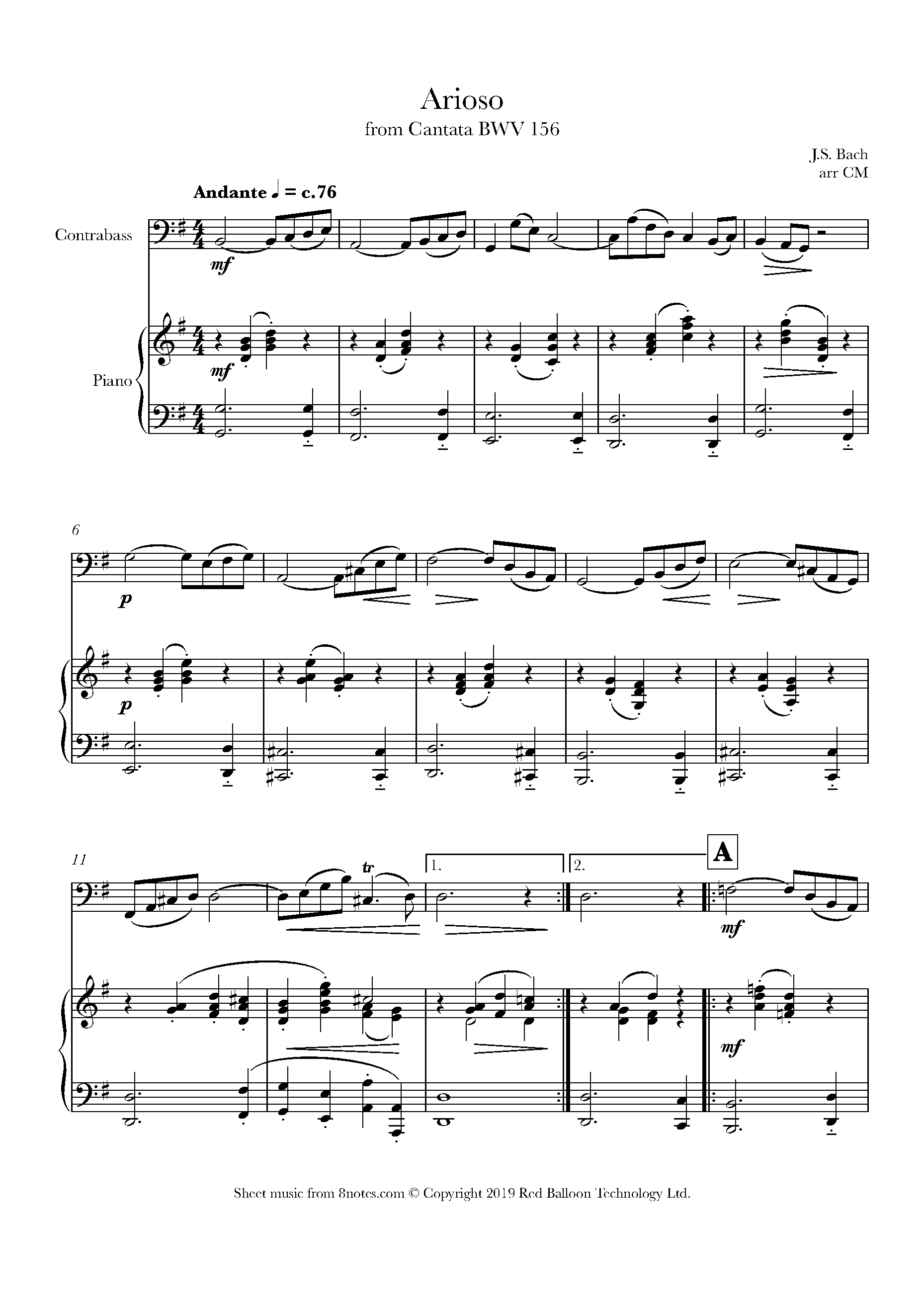 Bach - Arioso from Cantata BWV 156 Sheet music for Double Bass - 8notes.com