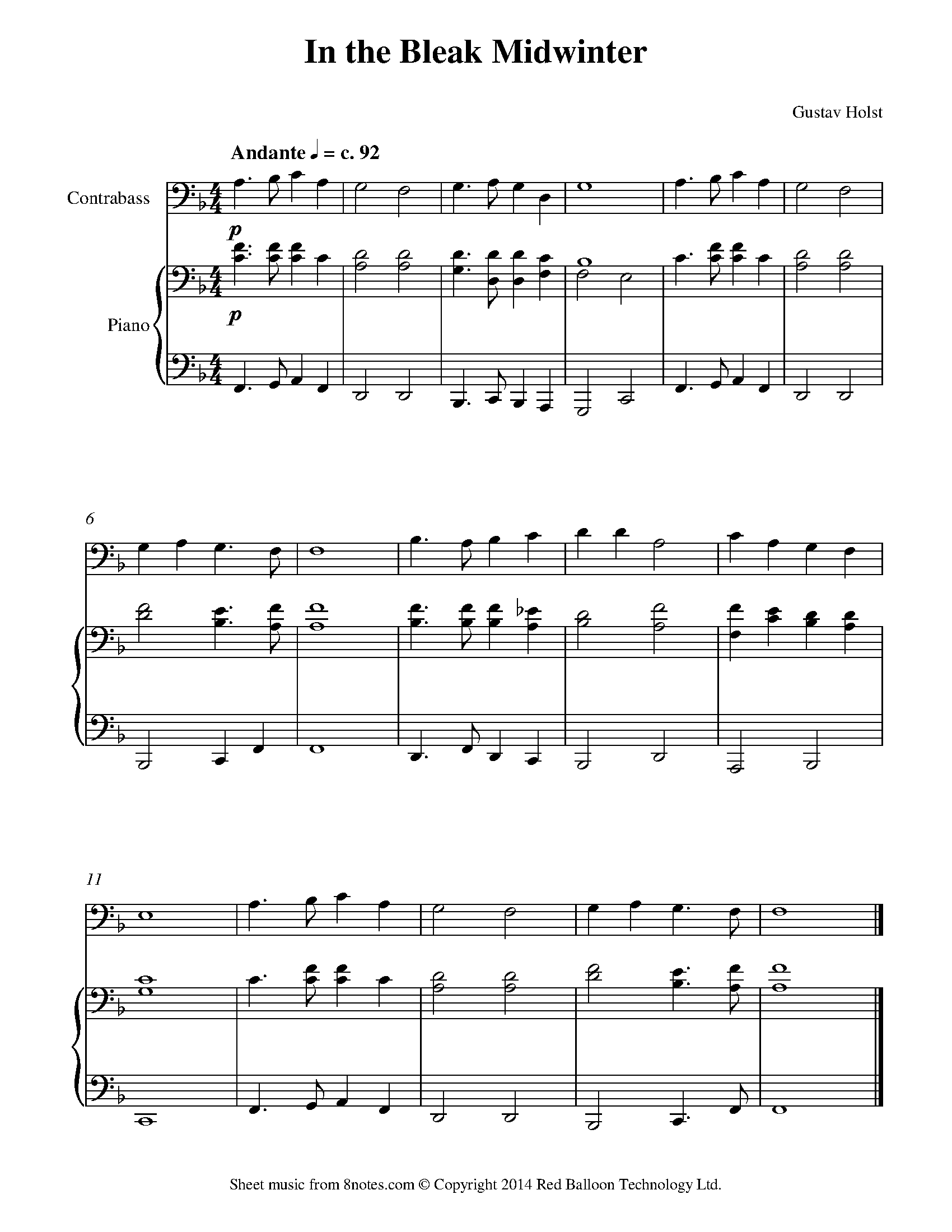 Holst - In the Bleak Midwinter Sheet music for Double Bass - 8notes.com