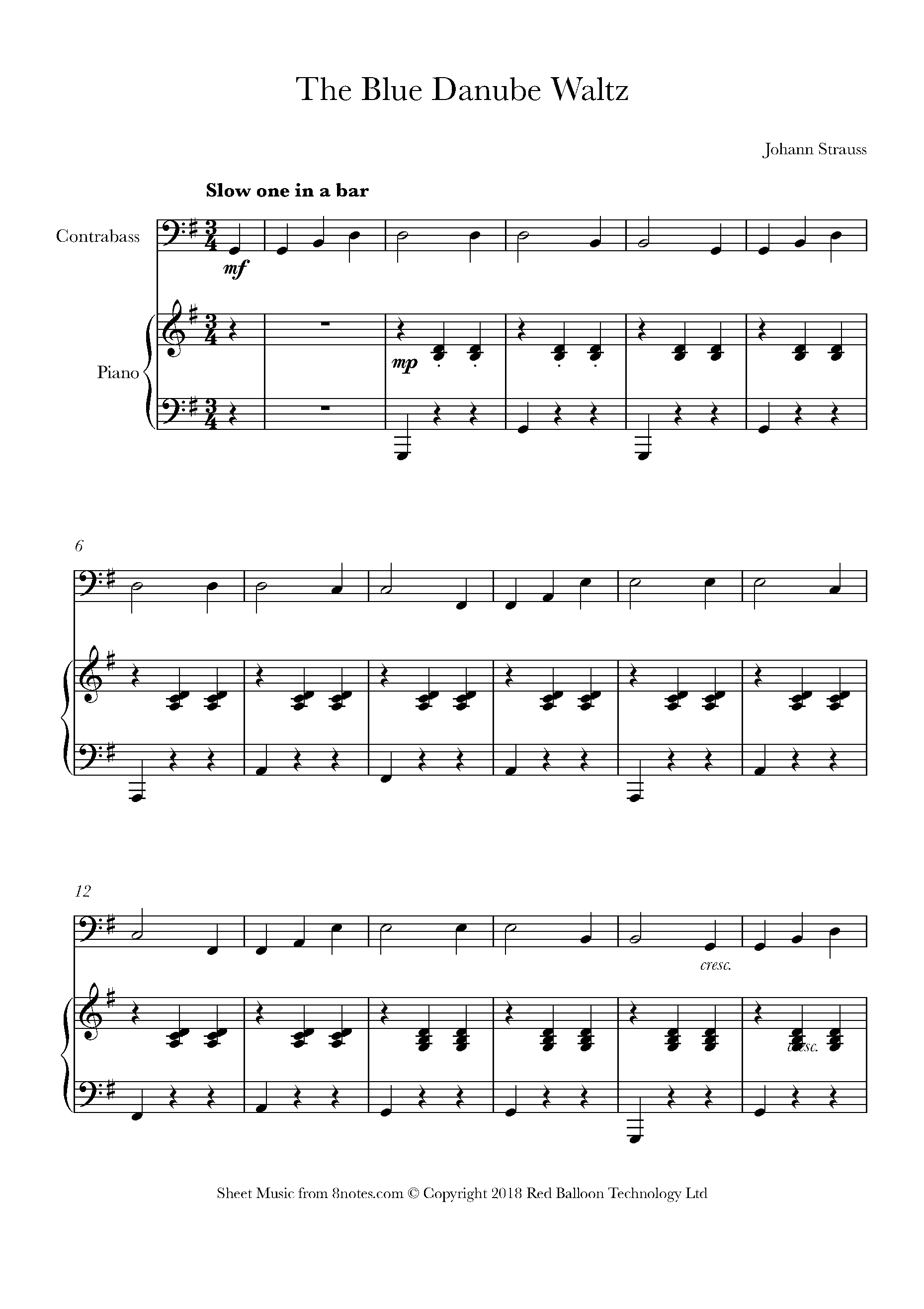 Strauss II - Blue Danube Waltz Sheet music for Double Bass - 8notes.com