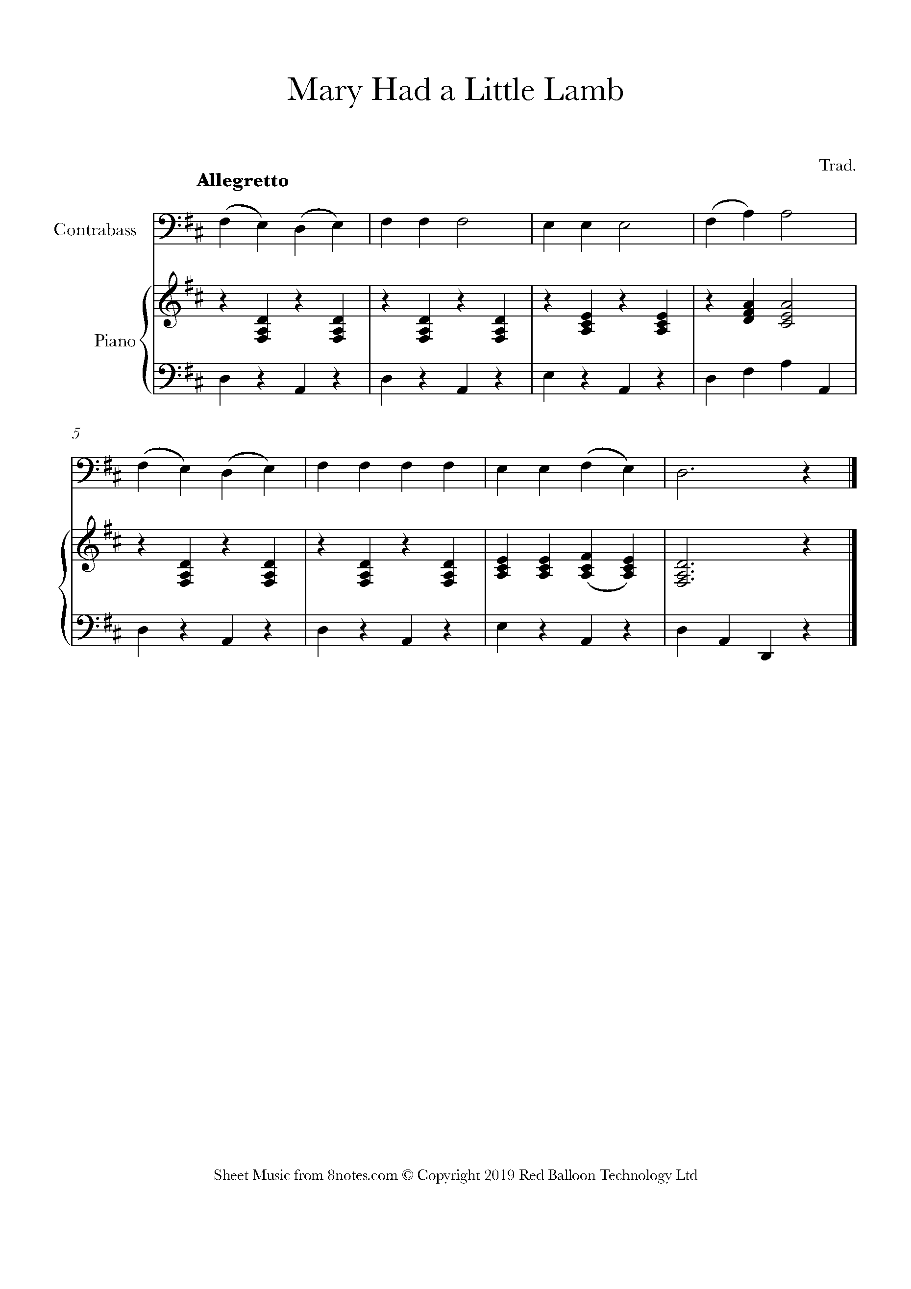 Mary Had A Little Lamb Sheet music for Double Bass - 8notes.com