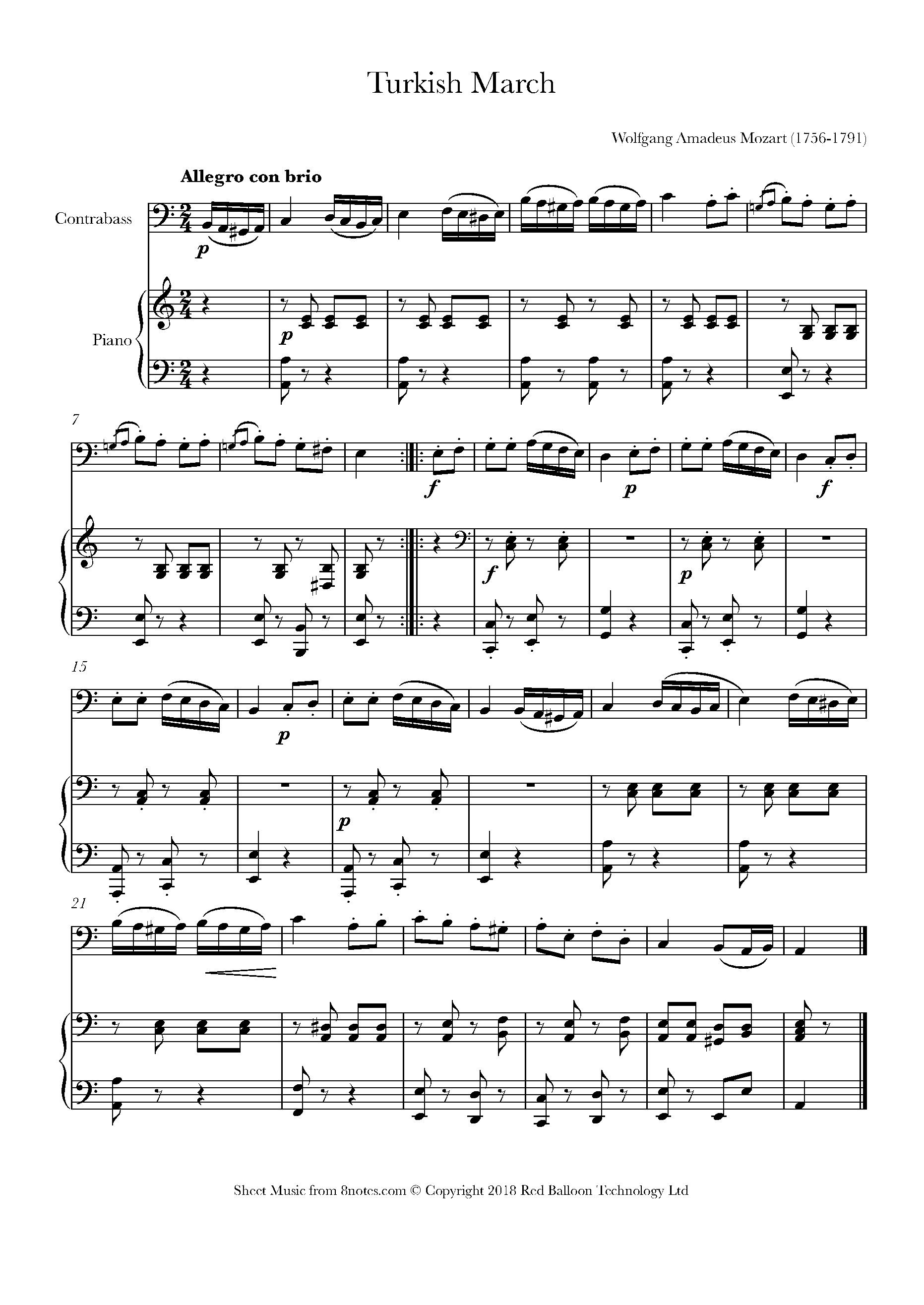 Mozart - Rondo Alla Turca Sheet music for Double Bass - 8notes.com