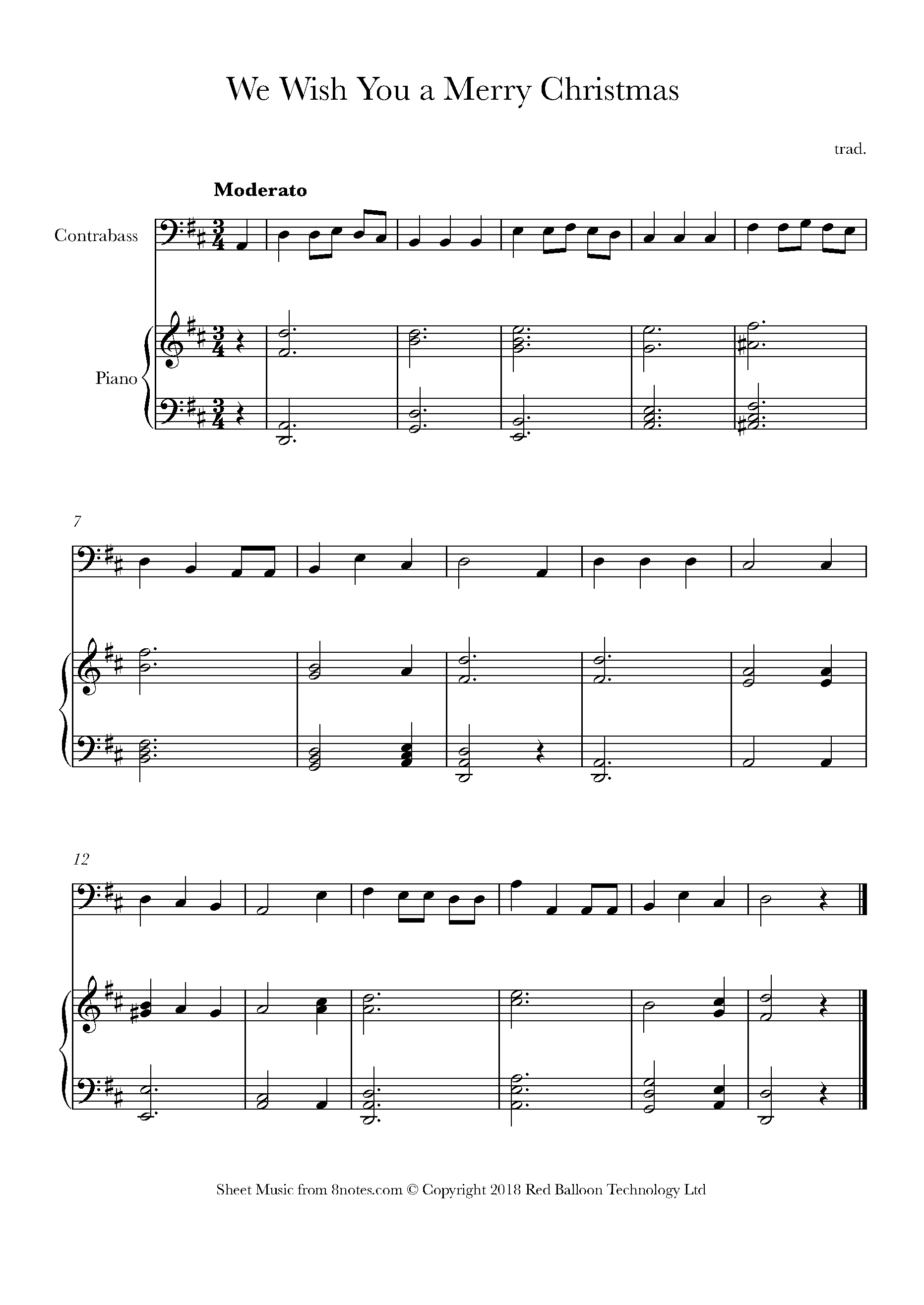 We wish you a merry christmas Sheet music for Double Bass - 8notes.com