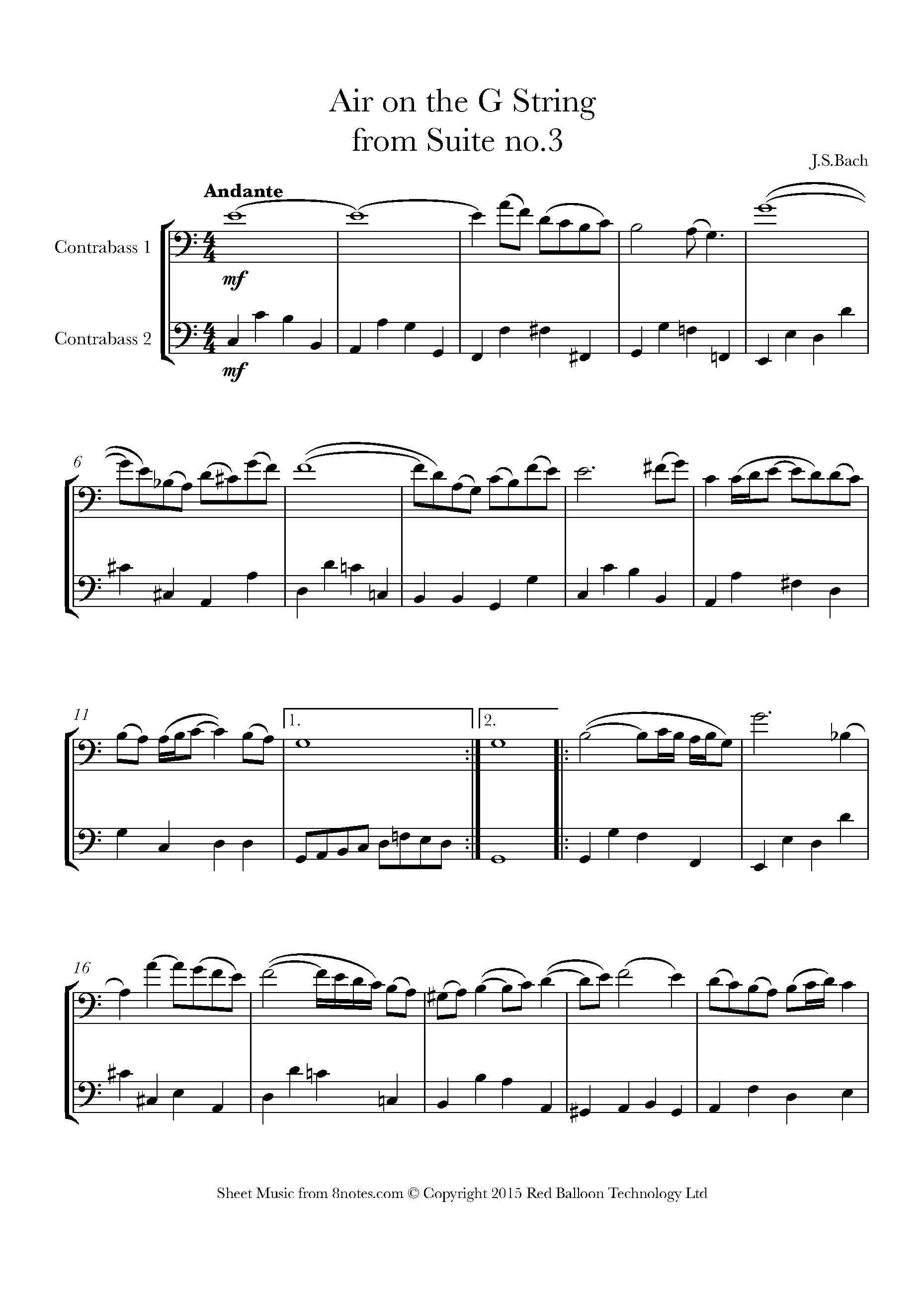 Bach - Air on a G String Sheet music for Double Bass Duet - 8notes.com