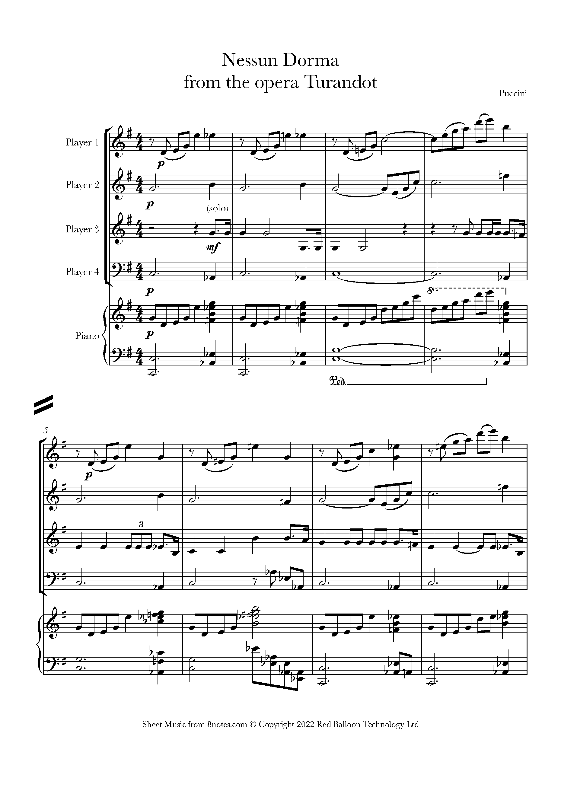 Puccini - Nessun Dorma from Turandot Sheet music for Flexible Ensemble and Piano - 4 Players and ...