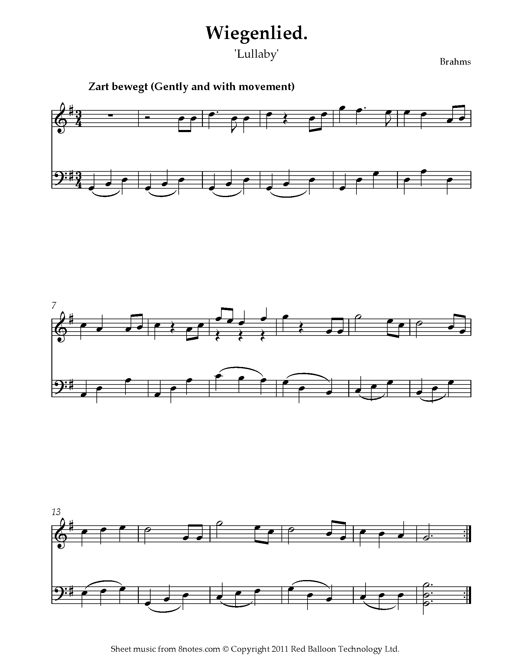 Brahms - Lullaby (Wiegenlied) Sheet music for Flute-Cello Duet - 8notes.com