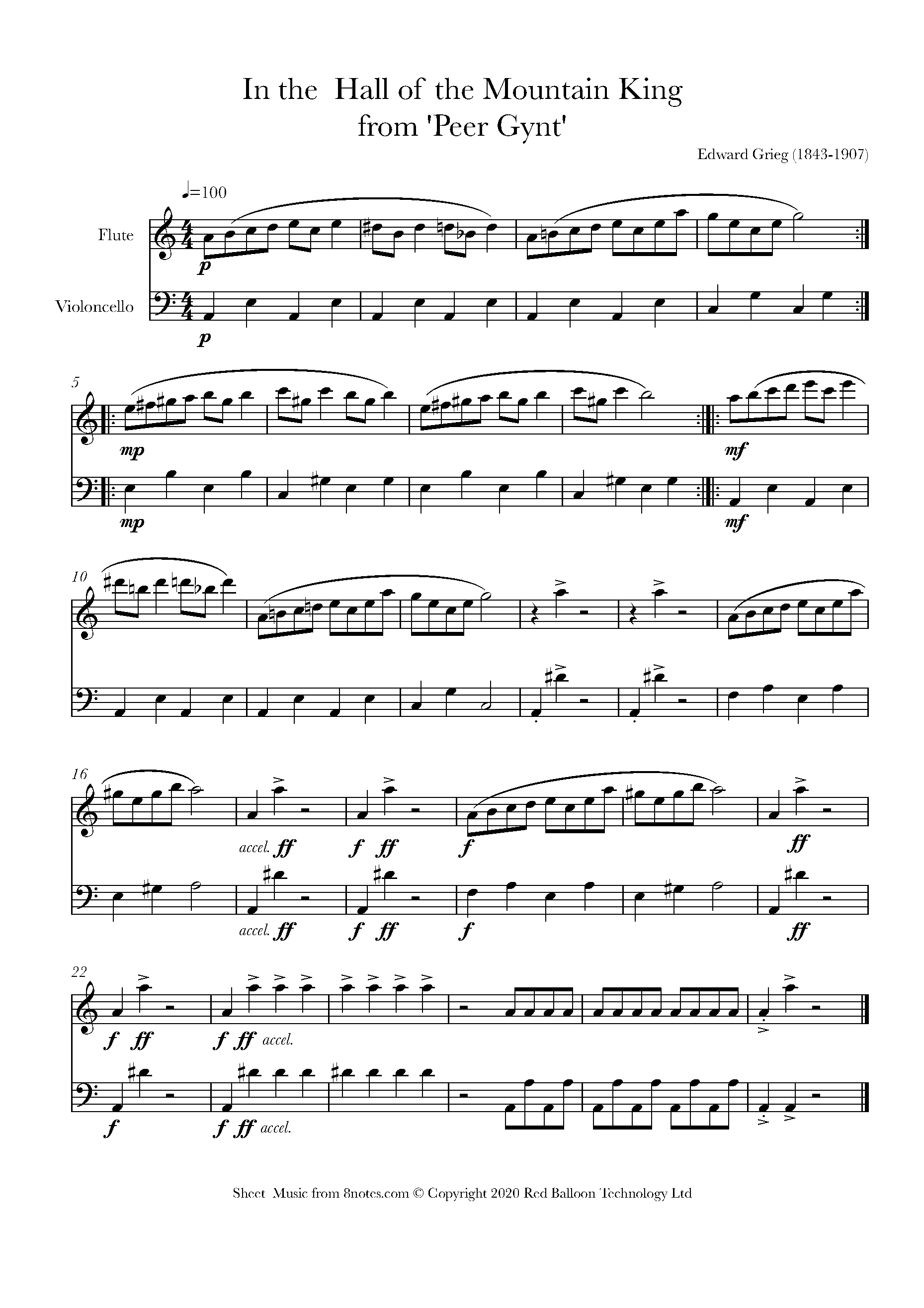 Grieg - In the Hall of the Mountain King Sheet music for Flute-Cello ...