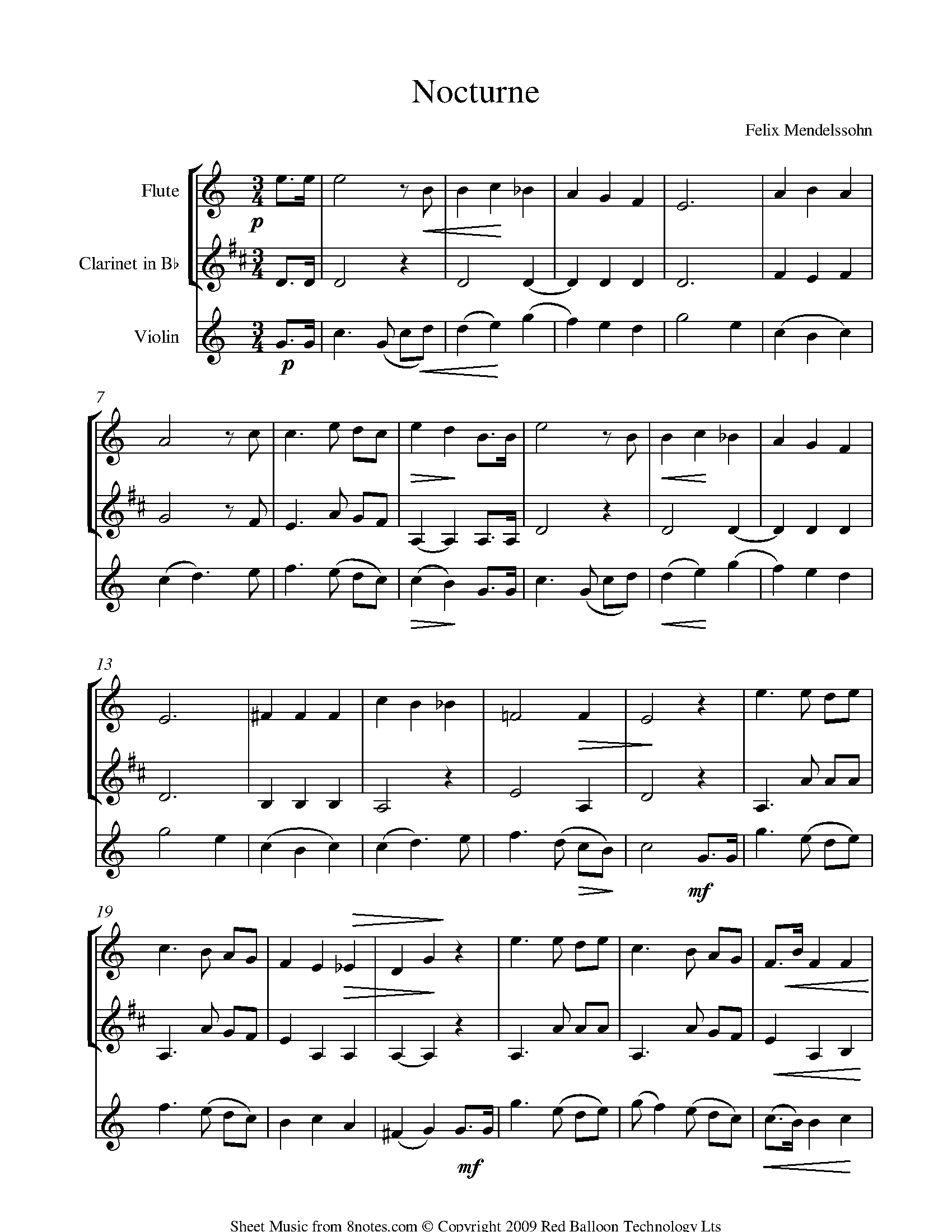 Mendelssohn - Nocturne from Midsummer Nights Dream Sheet music for Flute-Clarinet-Violin ...