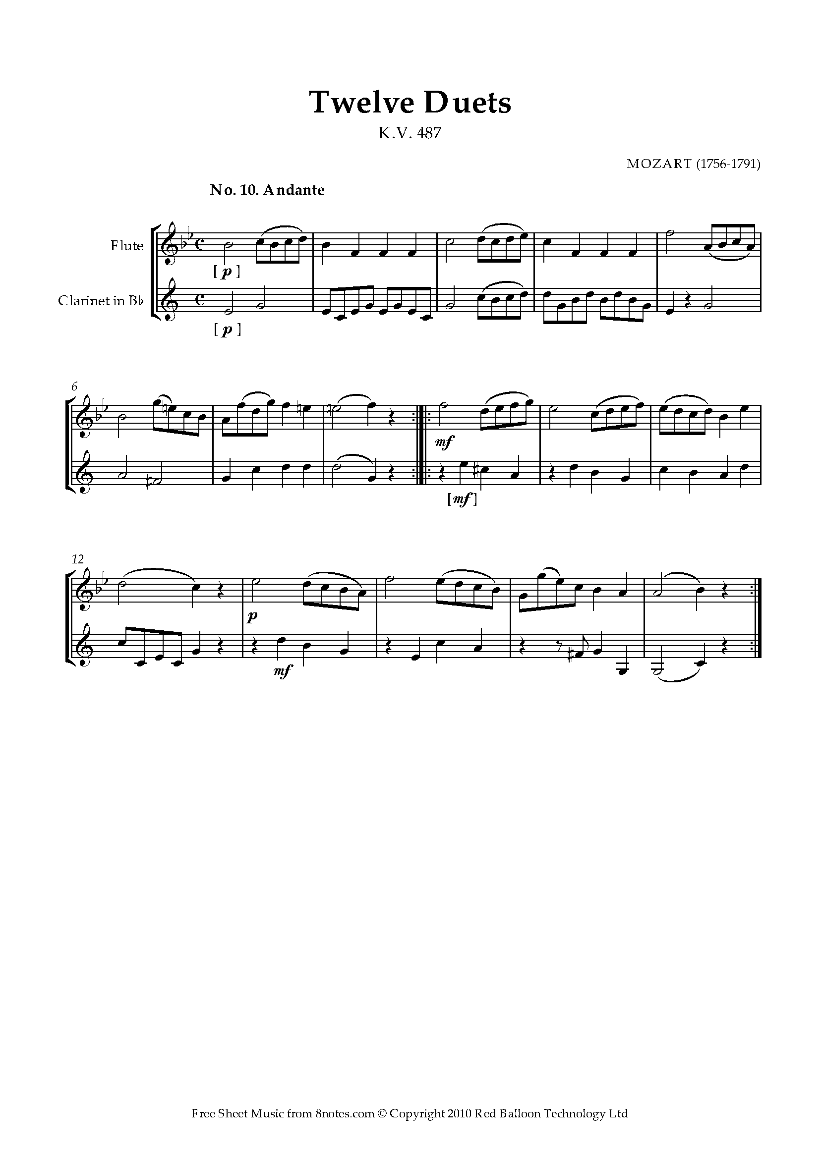 Mozart - Twelve Duets k.487 no.10 Sheet music for Flute-Clarinet Duet ...