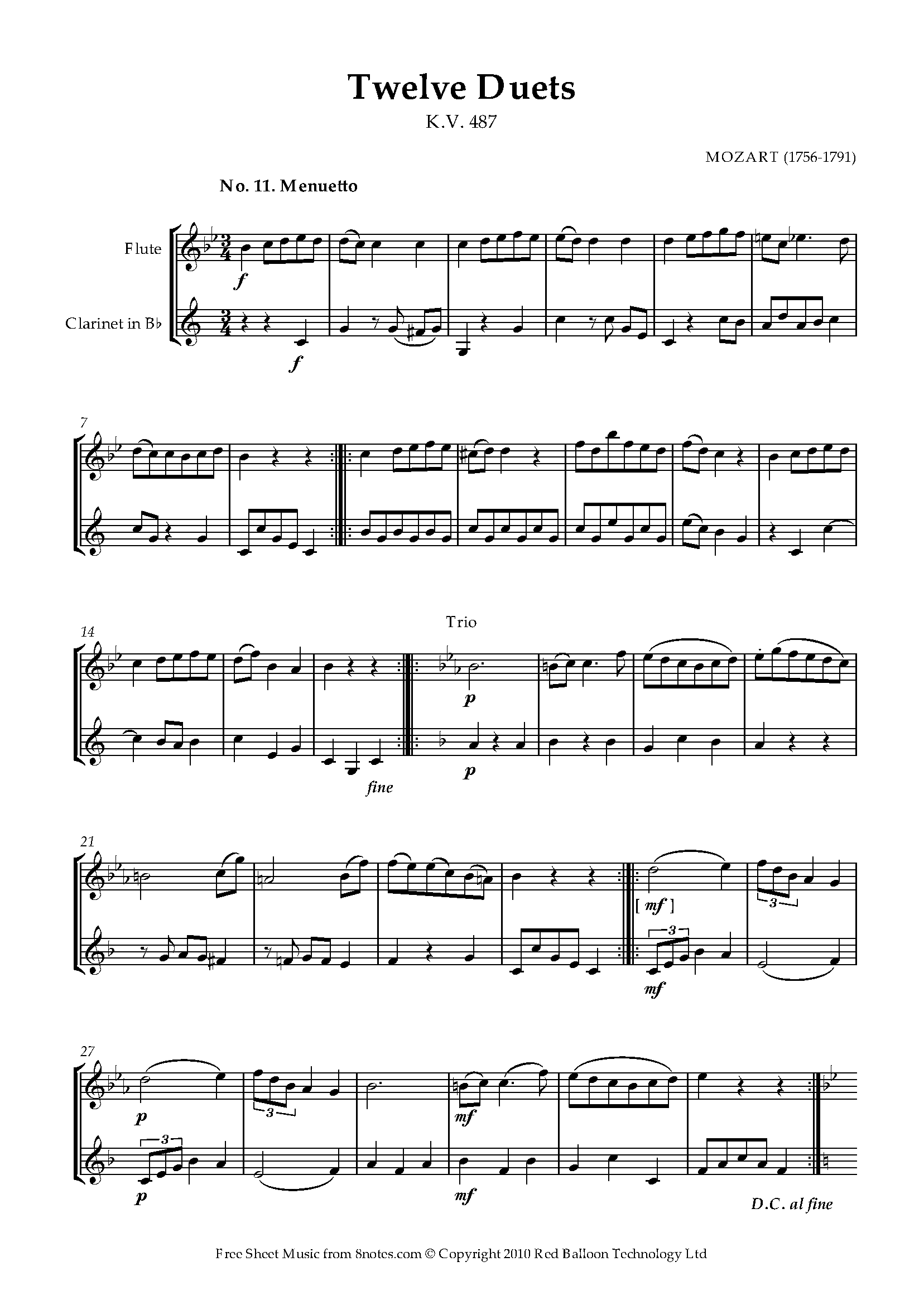 Mozart - Twelve Duets k.487 no.11 Sheet music for Flute-Clarinet Duet ...