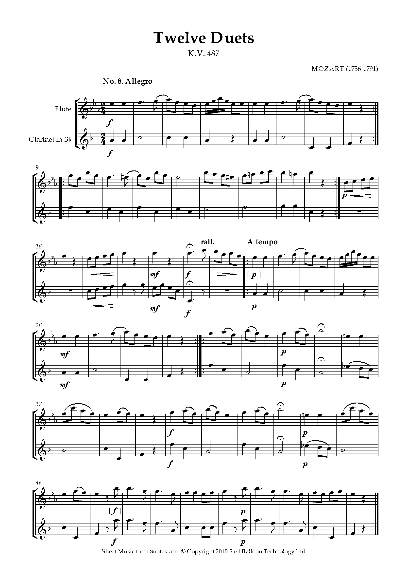 Mozart - Twelve Duets k.487 no.8 Sheet music for Flute-Clarinet Duet ...