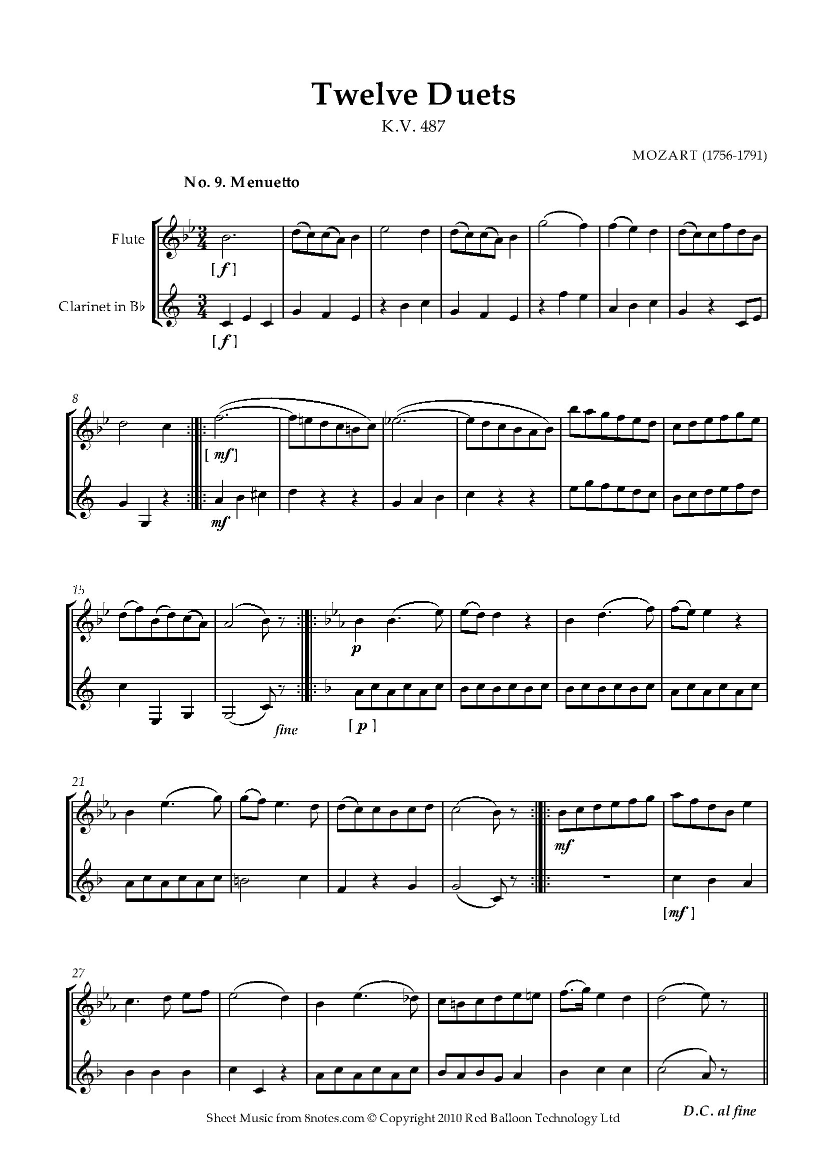 Mozart - Twelve Duets k.487 no.9 Sheet music for Flute-Clarinet Duet ...