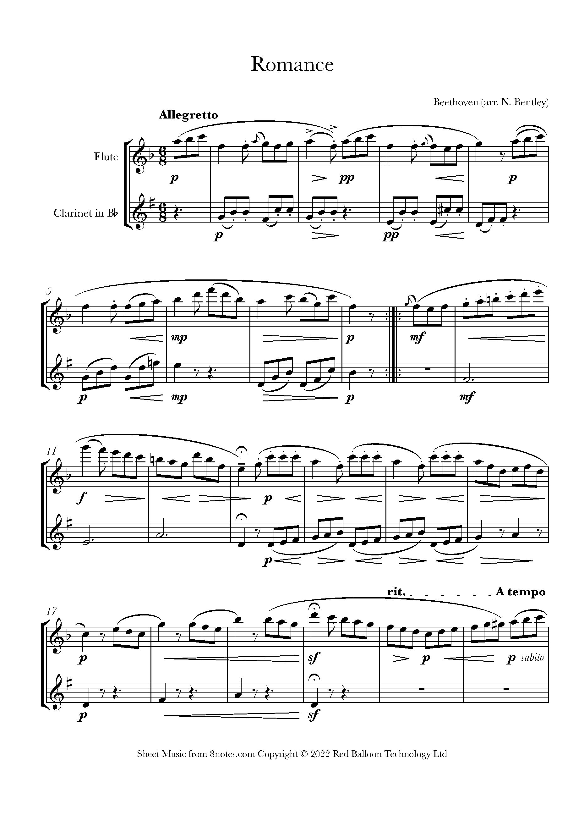 Beethoven - Romance from Sonatina in G Sheet music for Flute-Clarinet ...