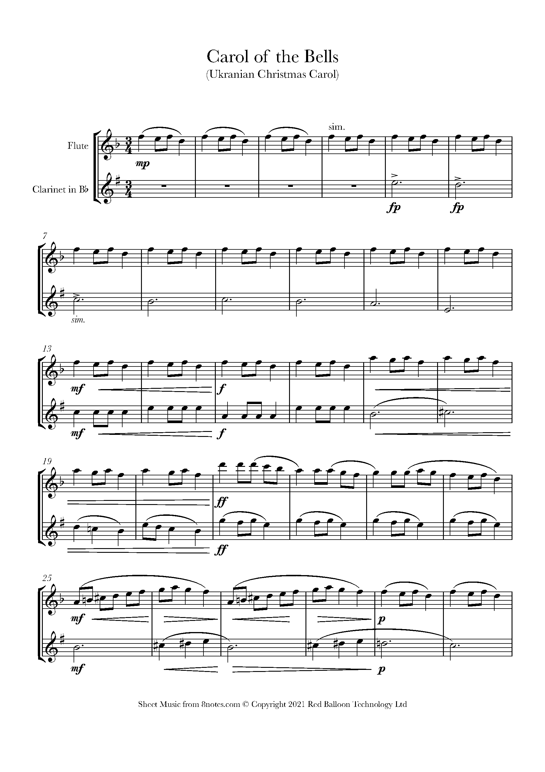 Carol of the Bells Sheet music for Flute-Clarinet Duet - 8notes.com