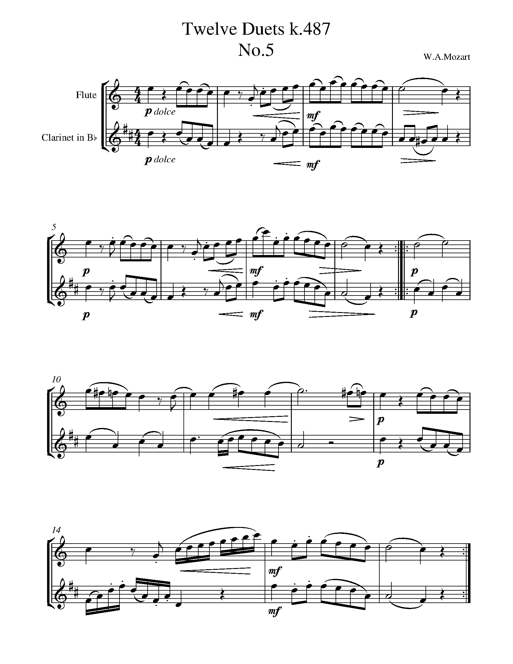 Mozart - Twelve Duets k.487 No.5 Sheet music for Flute-Clarinet Duet ...
