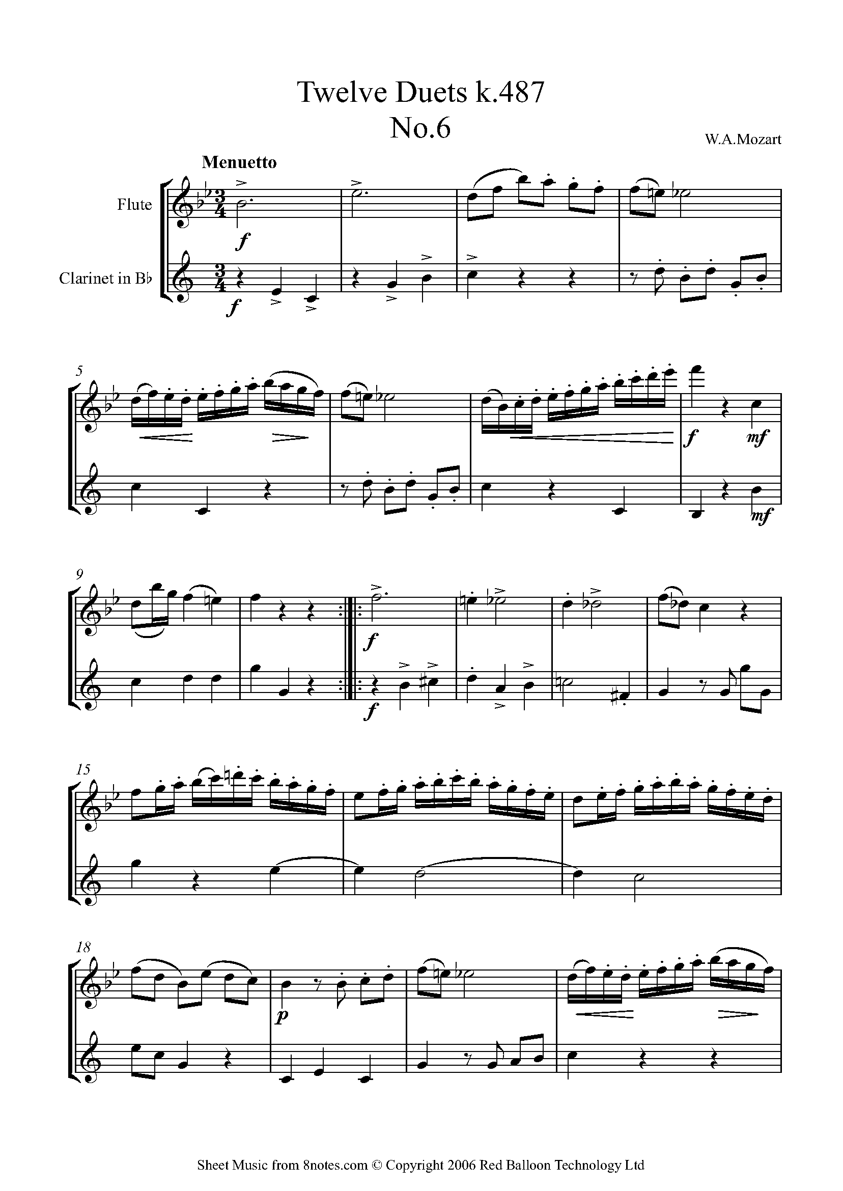 Mozart - Twelve Duets k.487 No.6 Sheet music for Flute-Clarinet Duet ...
